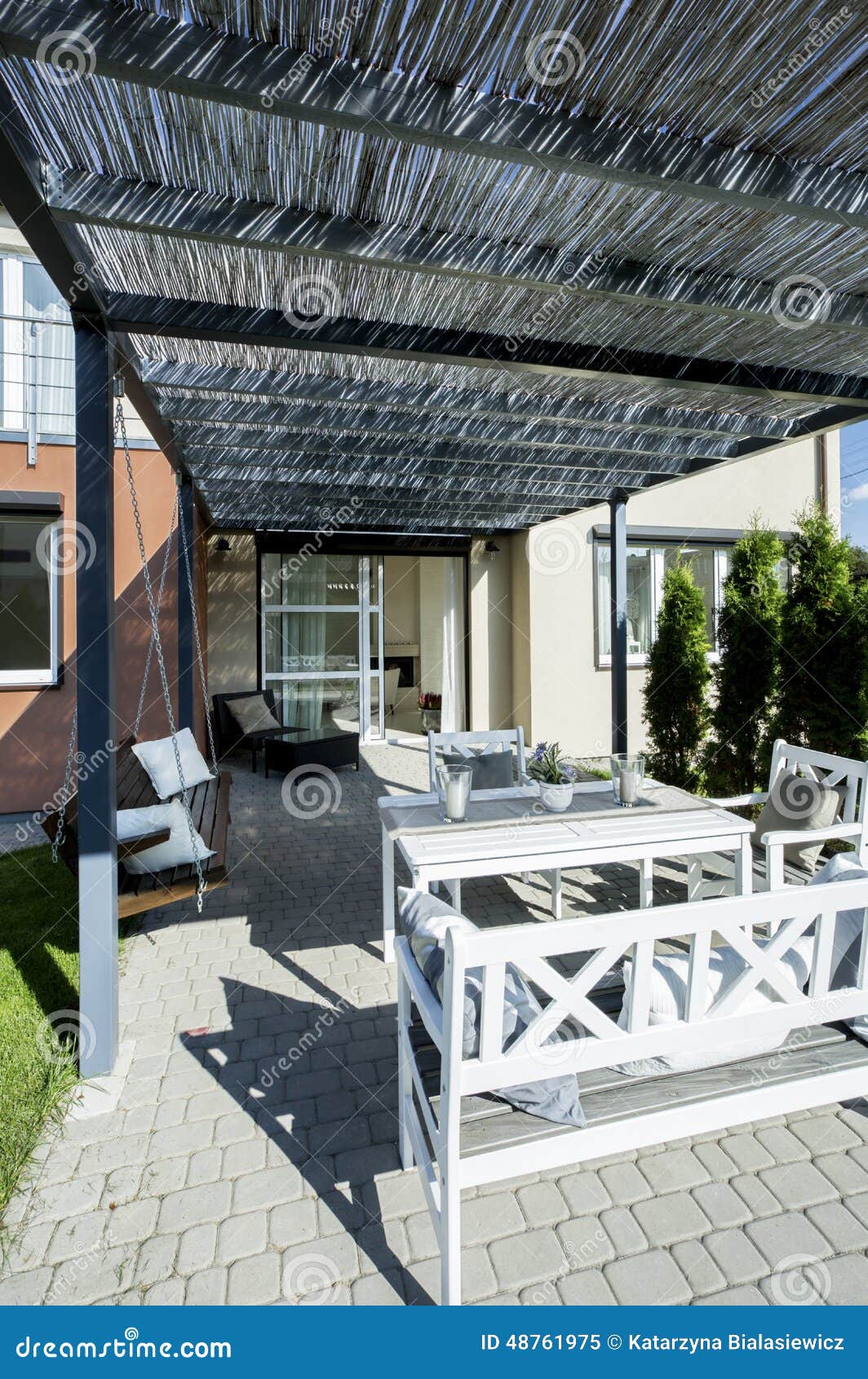 Covered Terrace in Front of House Stock Image - Image of luxurious ...