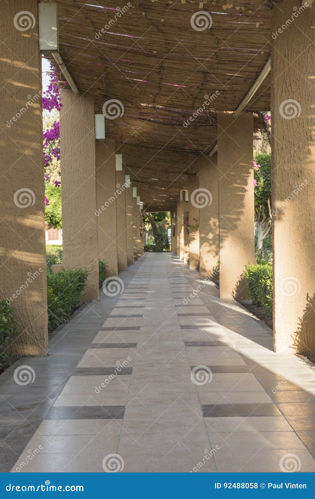 Covered Tiled Pathway with Columns in Formal Garden Stock Photo - Image ...