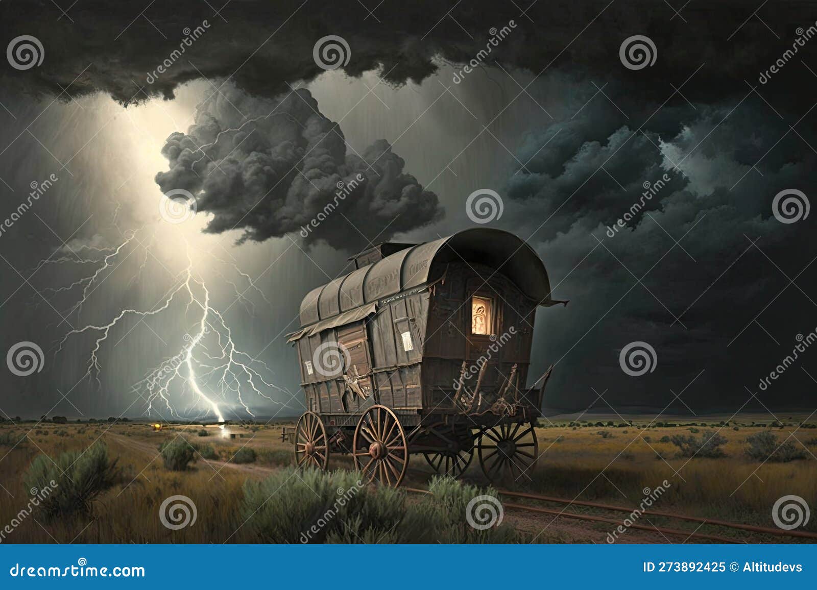 Covered Wagon in the Midst of a Prairie Storm, with Lightning and Thunder Stock Illustration ...