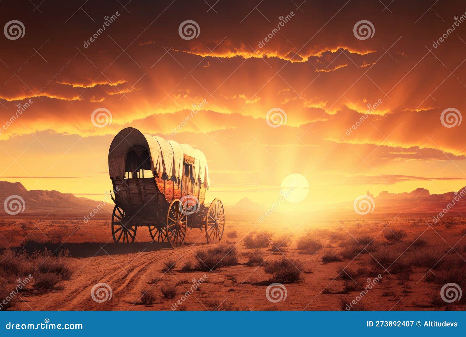 Covered Wagon Rolling Across Deserted Plain with the Sunset in the ...