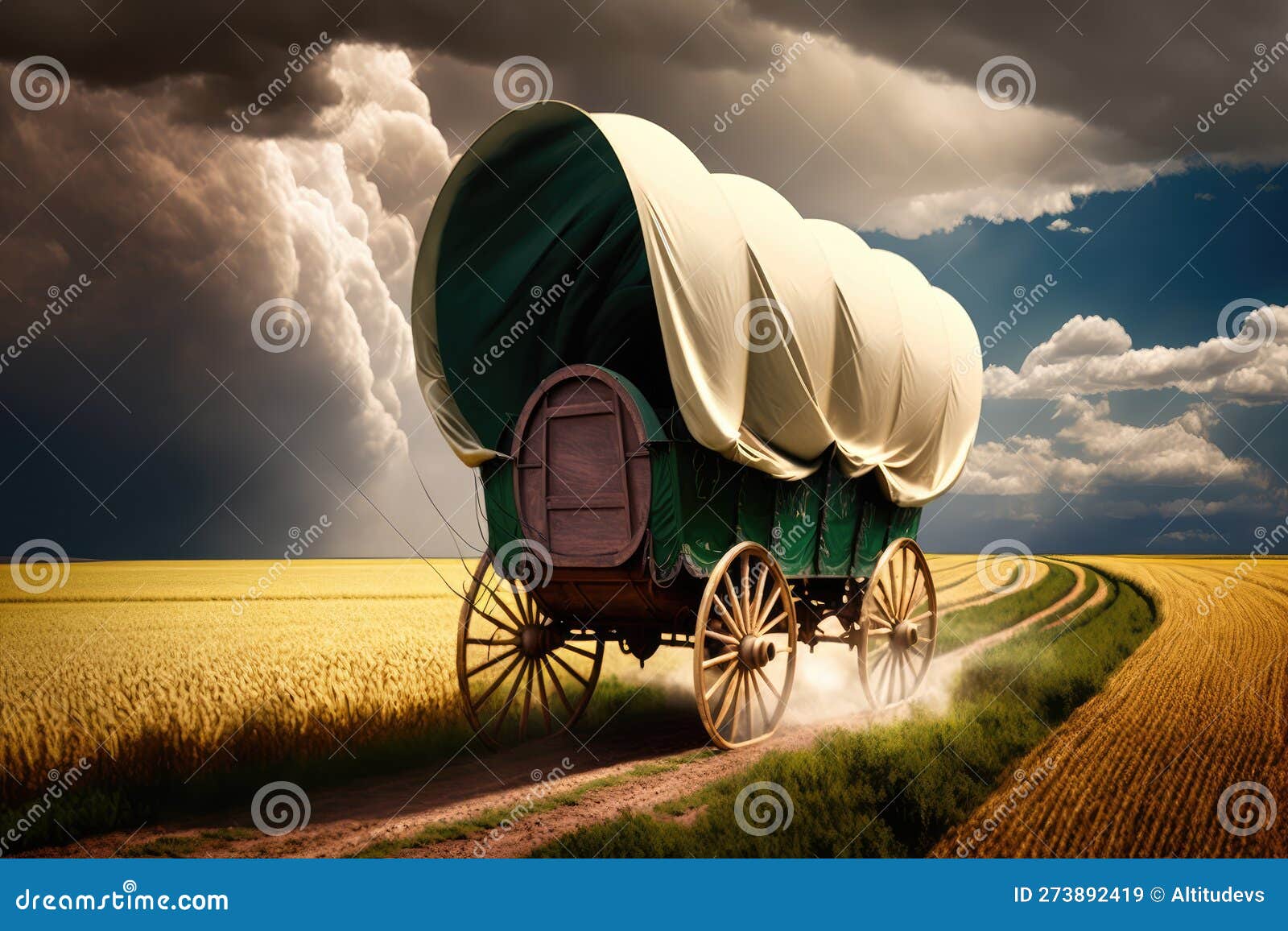 Covered Wagon Speeding Across Open Field with the Wind in Its Sails ...