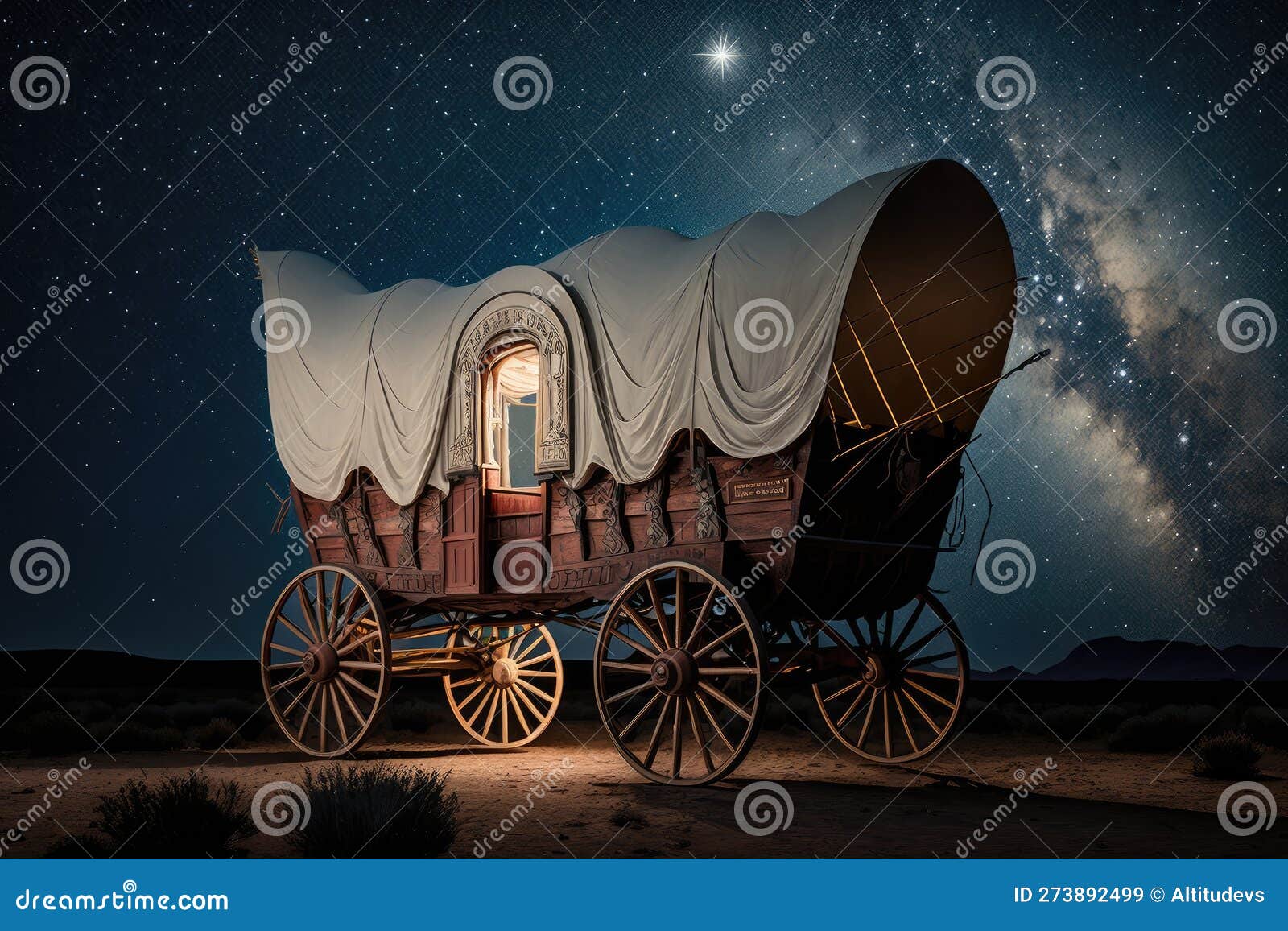 Covered Wagon Under a Starry Sky, with Lanterns Lighting the Way Stock ...