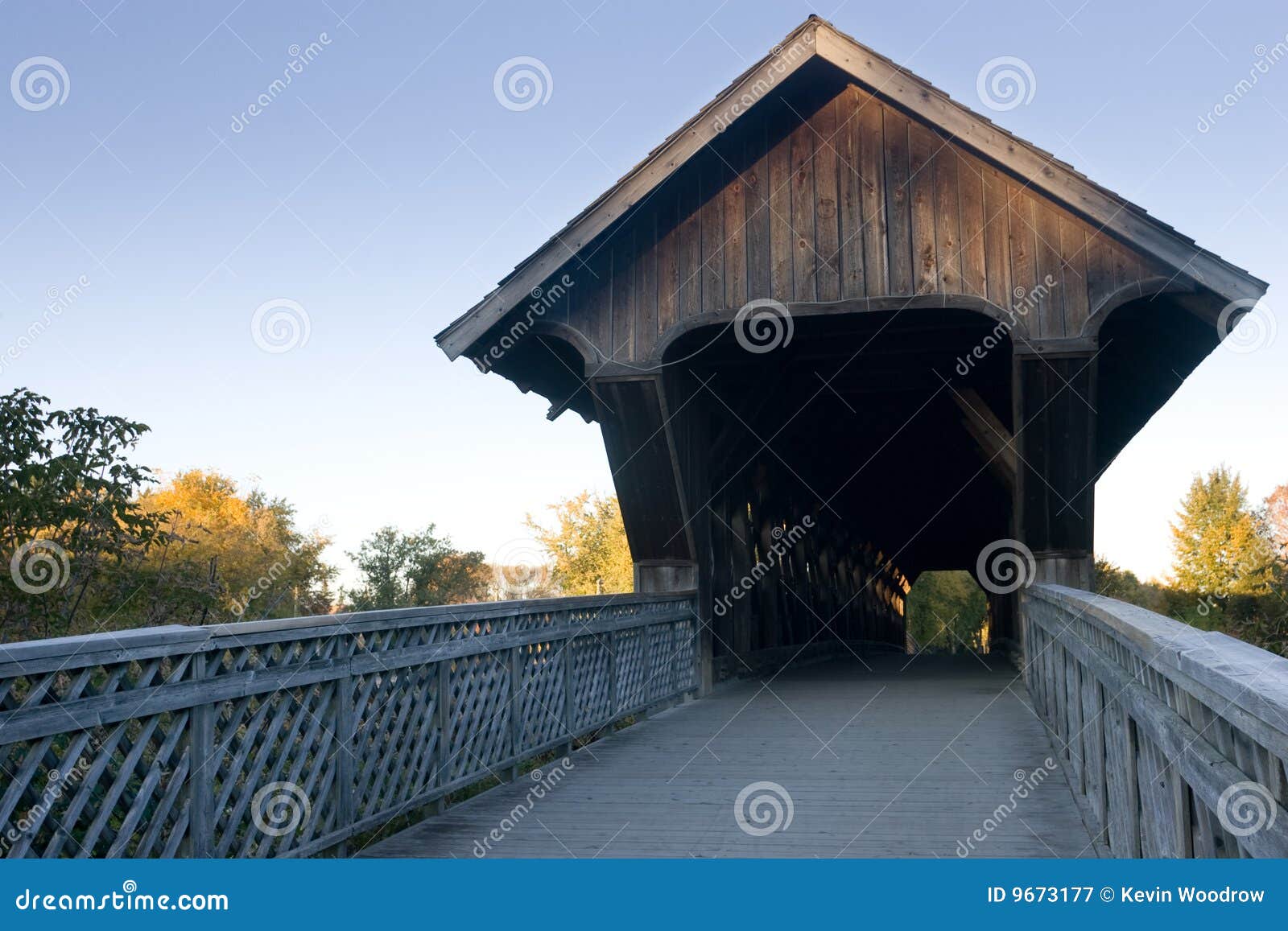 Covered Walking Bridge, Wideangle Stock Image - Image of deck, railing ...