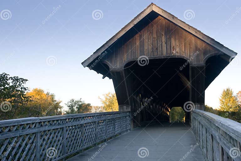 Covered Walking Bridge, Wideangle Stock Image - Image of deck, railing ...
