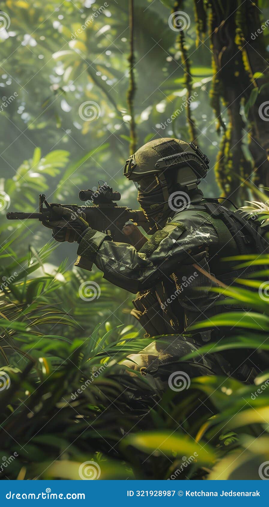 Covert Special Ops Agent Stalking Silently through Dense Forest with ...