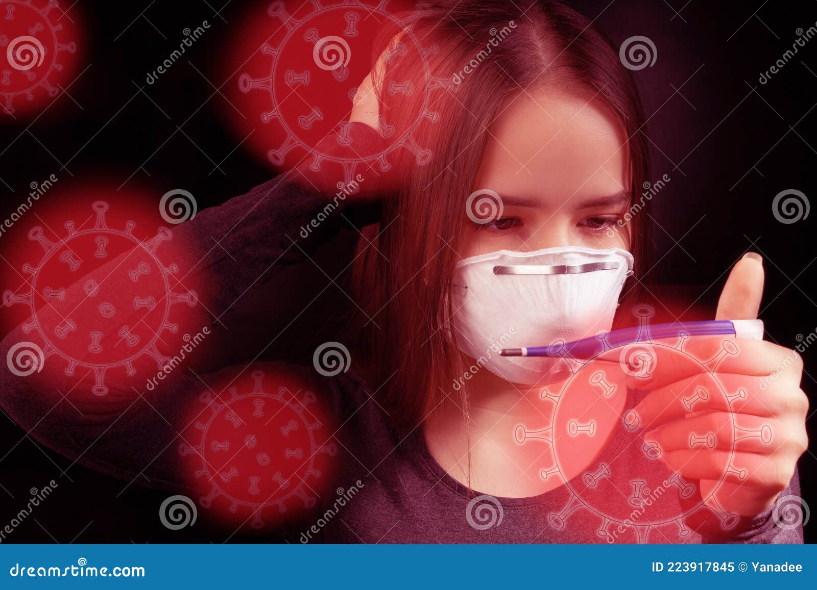 Covid Bacterium Icon, Girl with a High Temperature Surrounded by ...