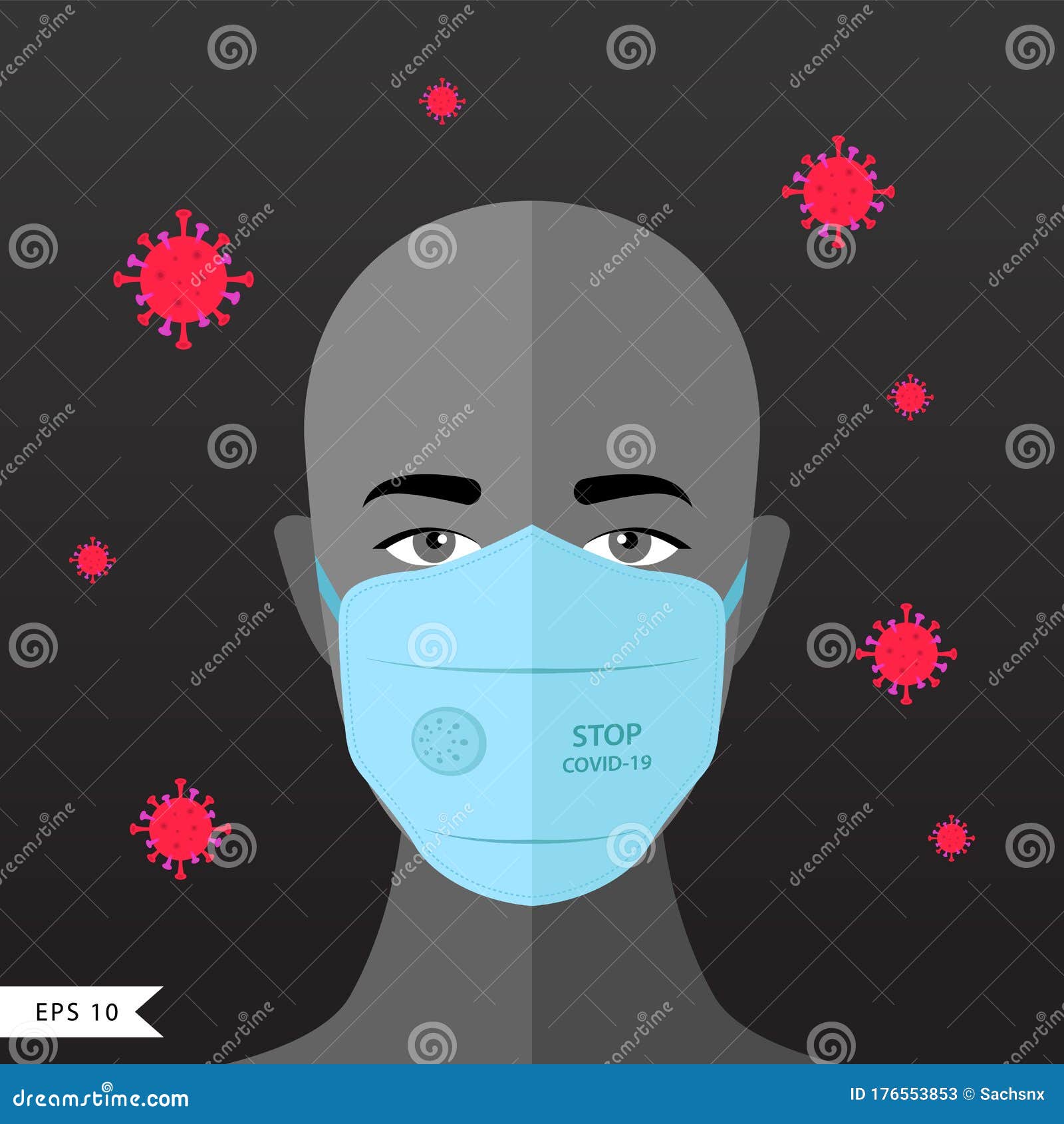 Covid-19 Corona Virus Mask on Model of Man Face Surrounded with Viruses ...