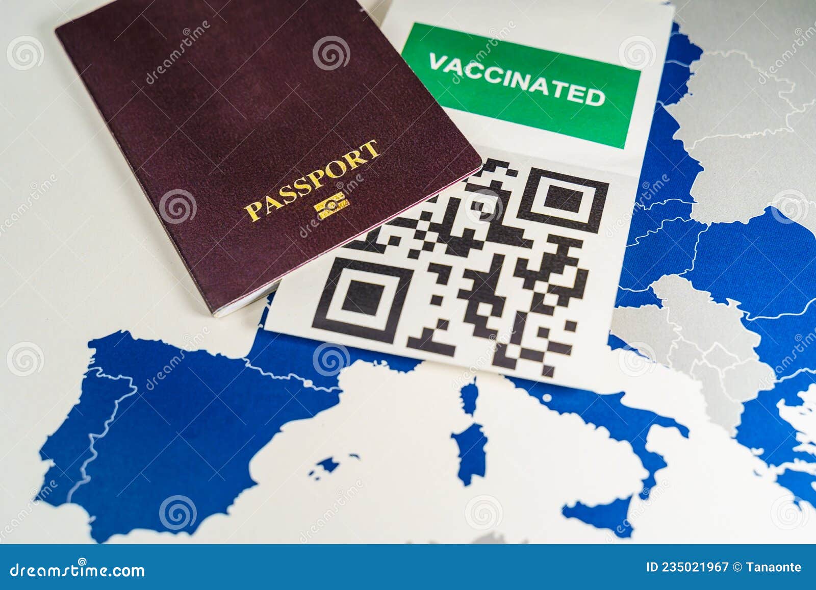 COVID Vaccination with QR Code and a Passport Over an EU Map Stock ...