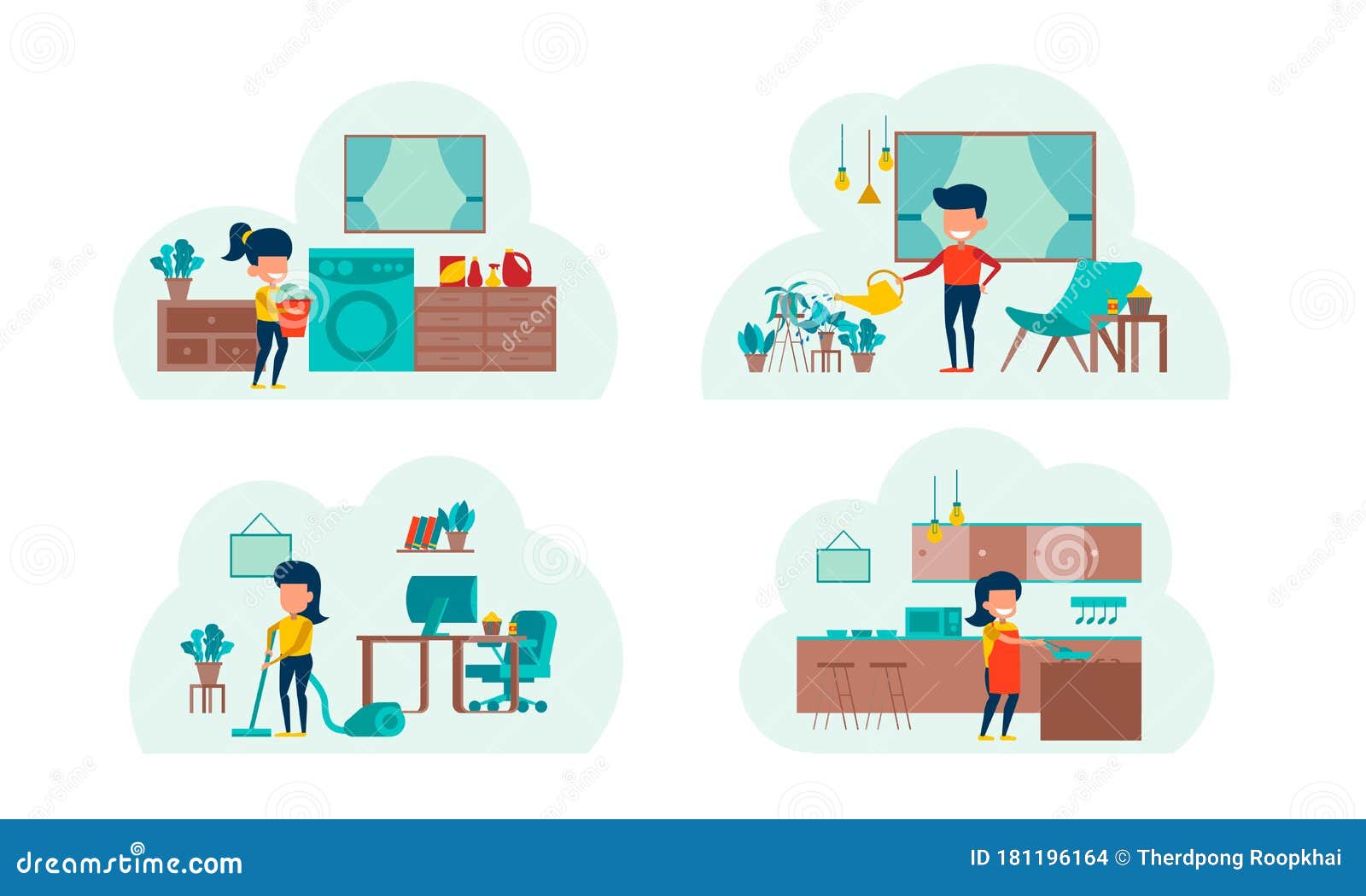 Banner of Cartoon Version of Working Home and Stay Home Stock Vector ...