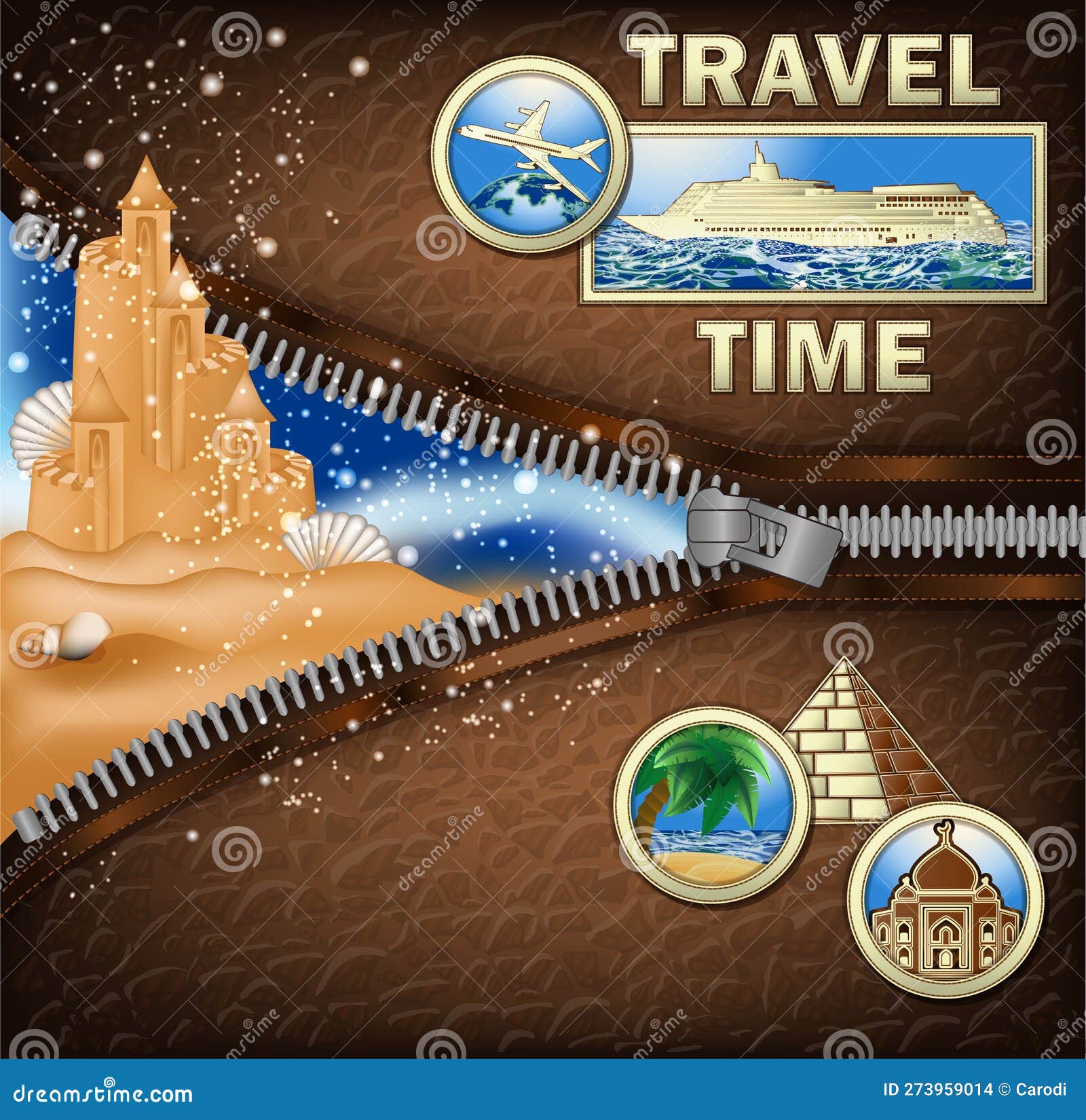 Travel Time Invitation Card with Zipper and Sand Castle, Vector Stock ...