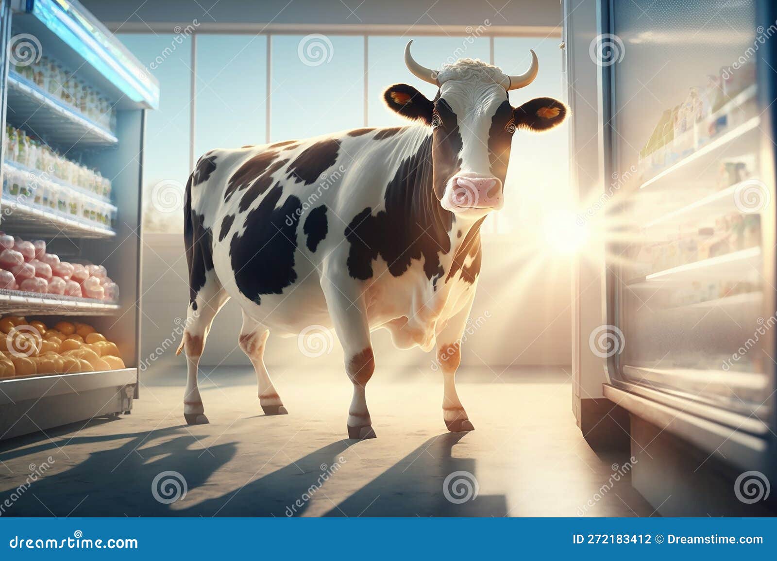 A Cow Buys Milk at the Store Stock Illustration - Illustration of ...
