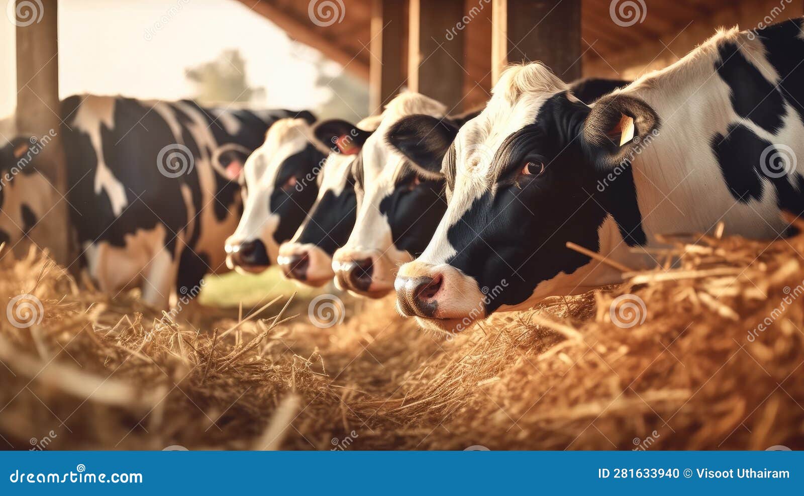Cow Eating Hay at Cattle Farm Stock Illustration - Illustration of ...