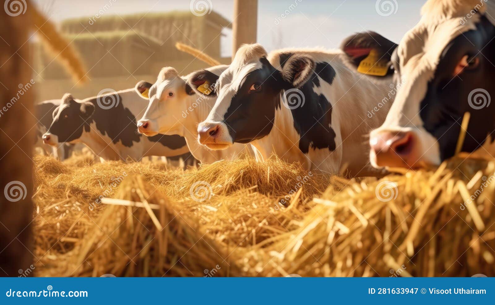 Cow Eating Hay at Cattle Farm Stock Illustration - Illustration of ...
