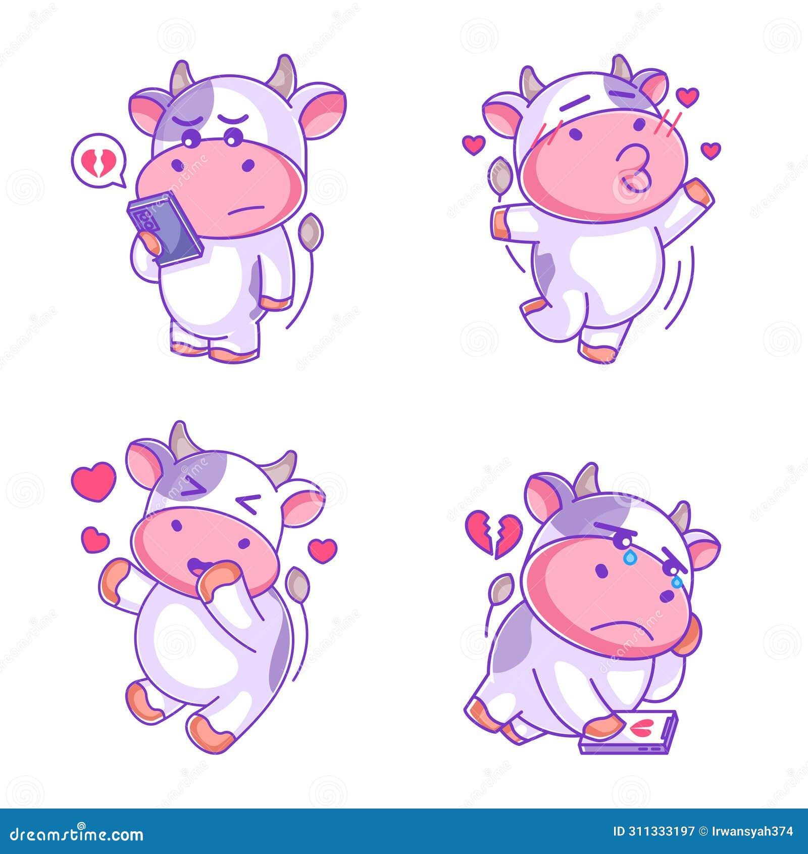 Cow Feeling in Love Cartoon Style Set Stock Vector - Illustration of ...