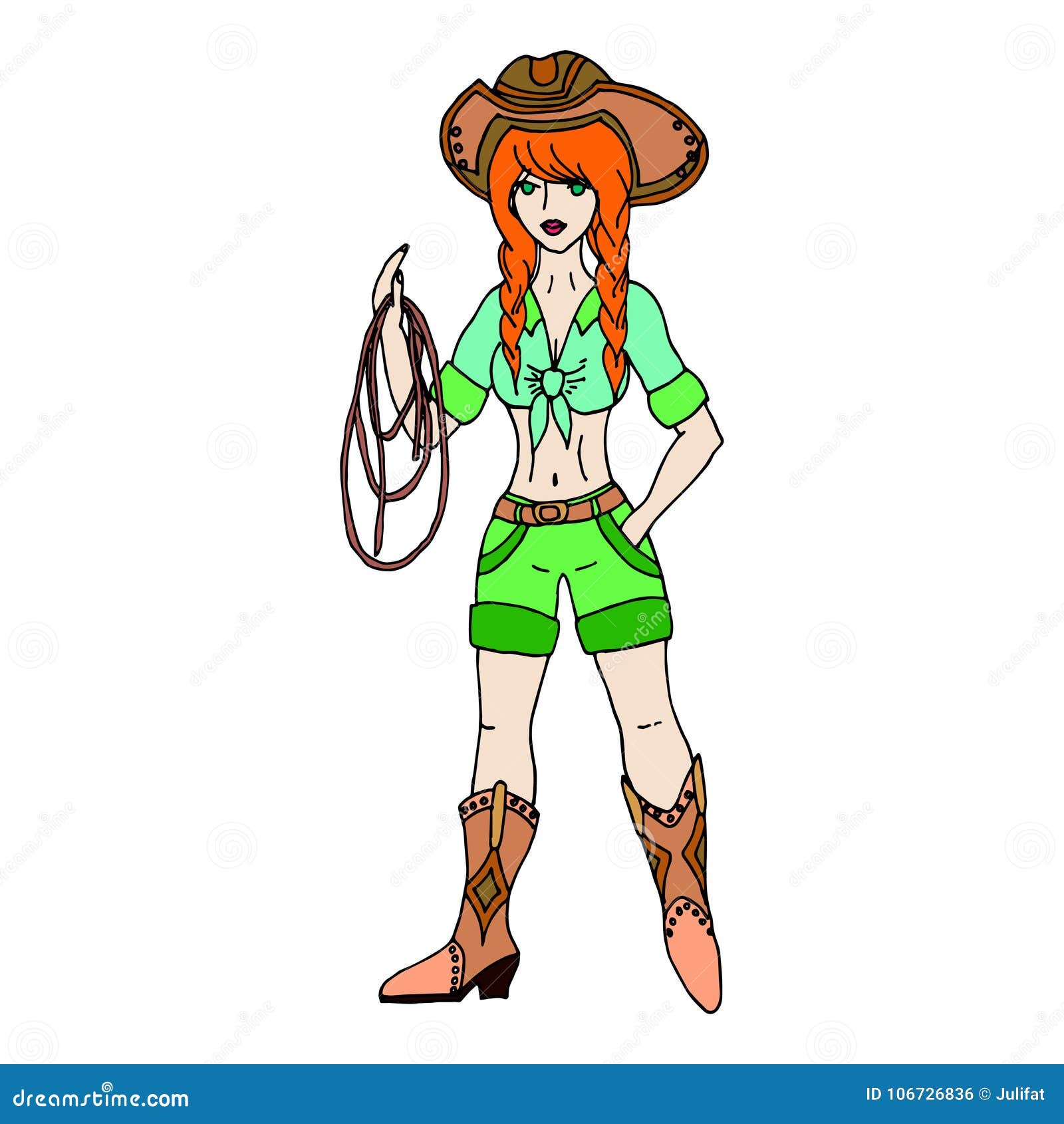 Cow Girl Rousse Avec Le Lasso Illustration De Vecteur Disolement Sur