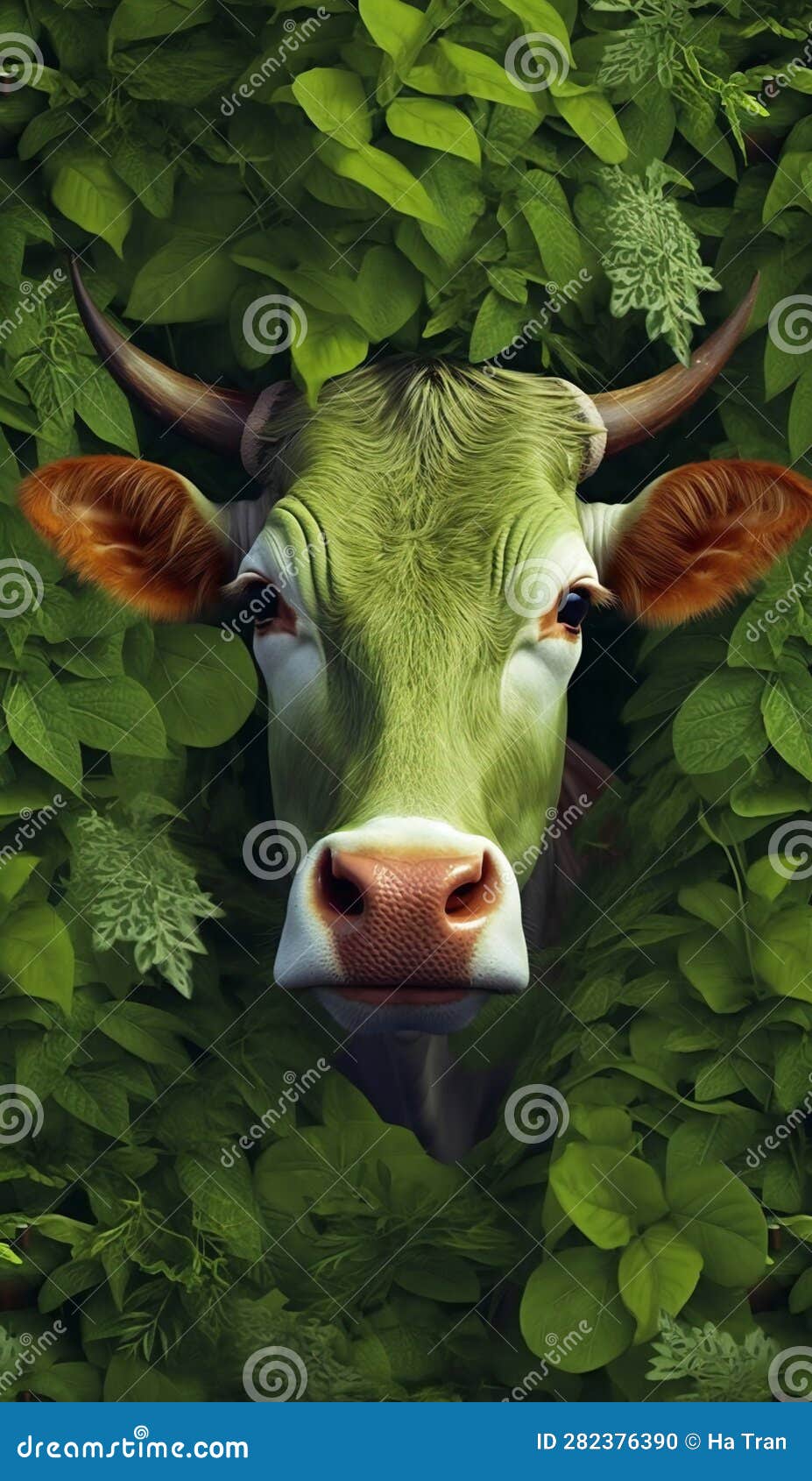 Cow in the green leaves, stock illustration. Illustration of background ...