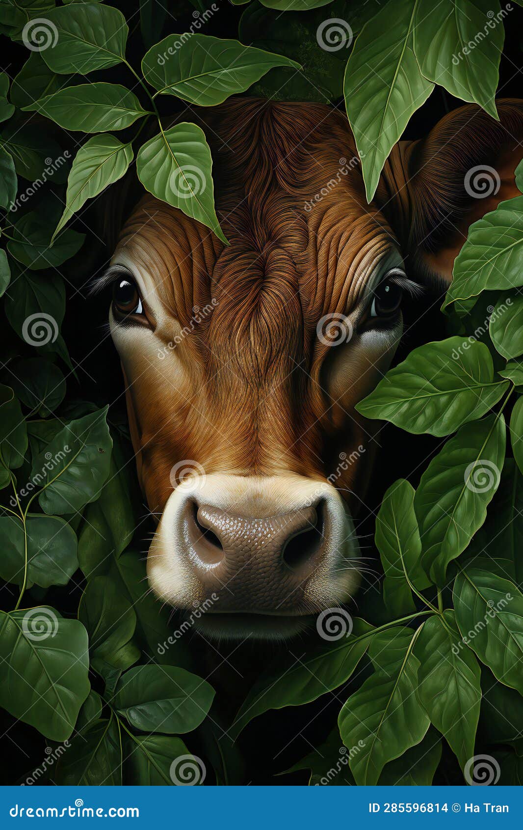 Cow in the Green Leaves, Natural Background Stock Illustration ...