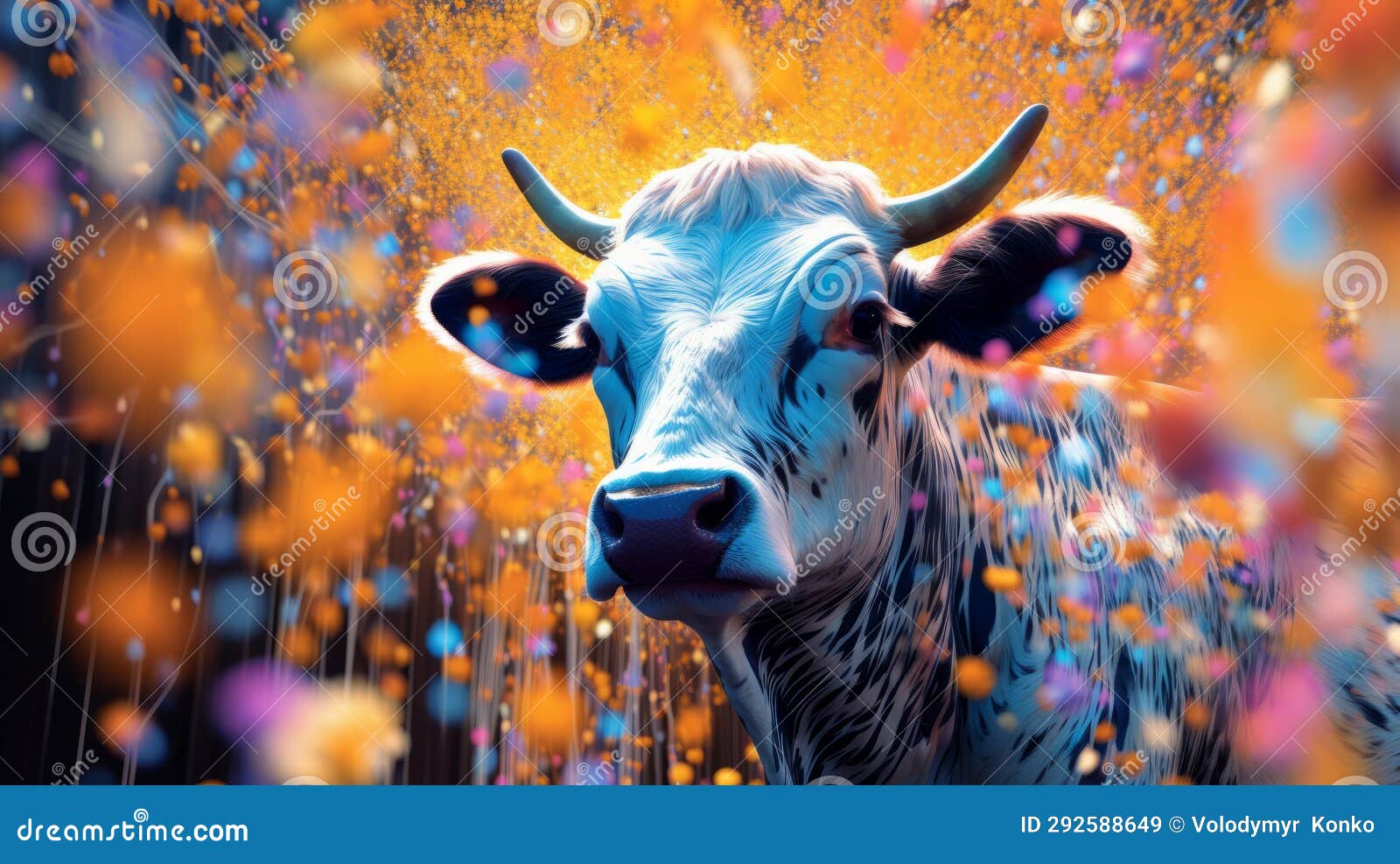 A Cow with Horns Standing in Front of a Bunch of Confetti Stock Image ...