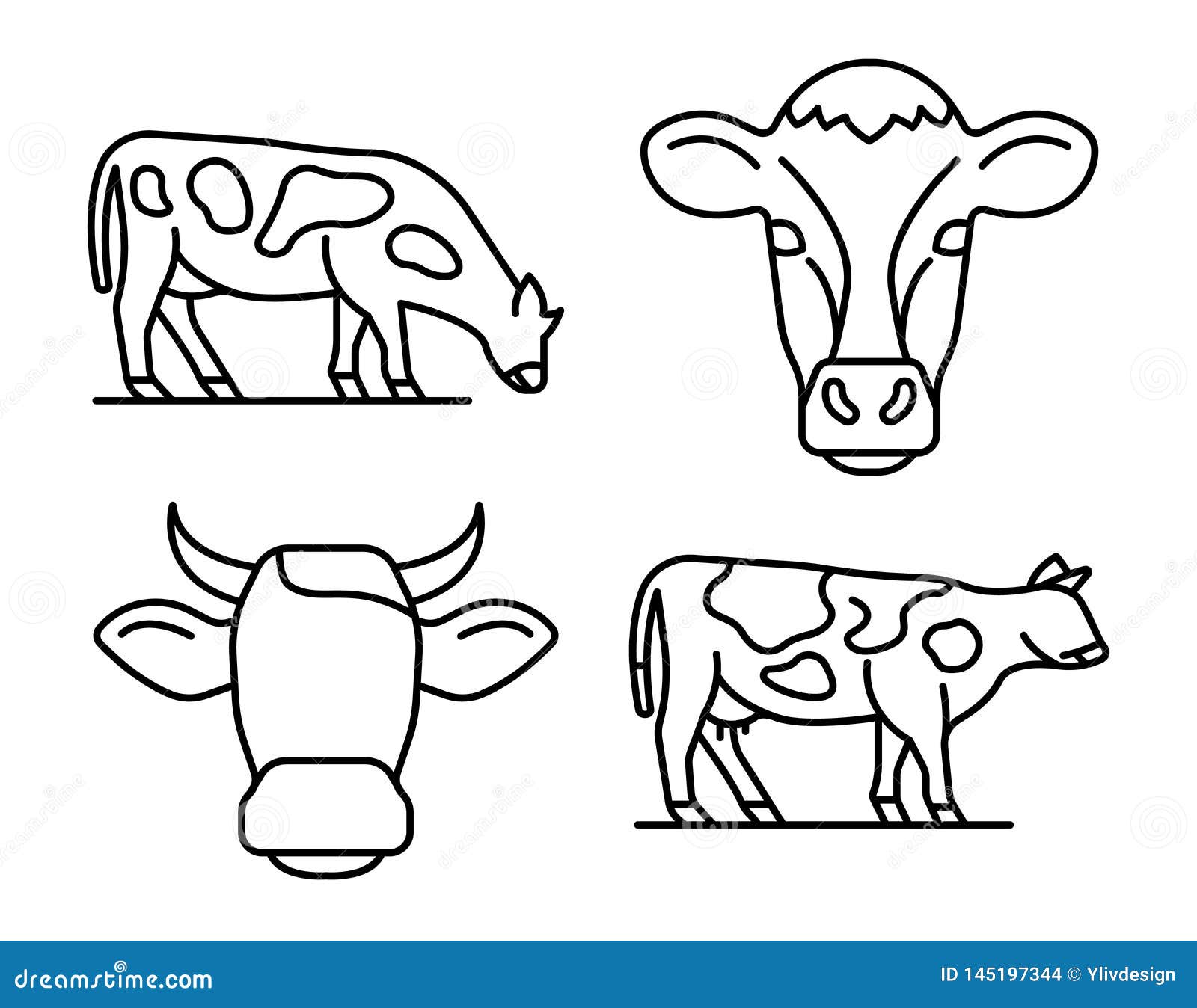 Cow Icons Set, Outline Style Stock Vector - Illustration of bull, breed ...