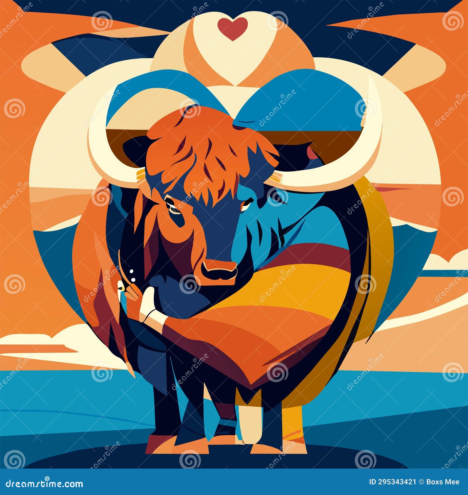 Cow and Man in the Background of the Sunset. Vector Illustration Stock ...