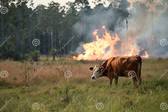 Cow in Pasture, Fire Burning at Forest Edge Stock Image - Image of ...