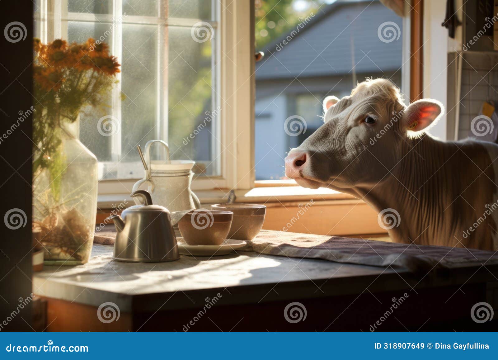 Cow Peering through a Window into a Cozy Kitchen with a Breakfast Setup ...