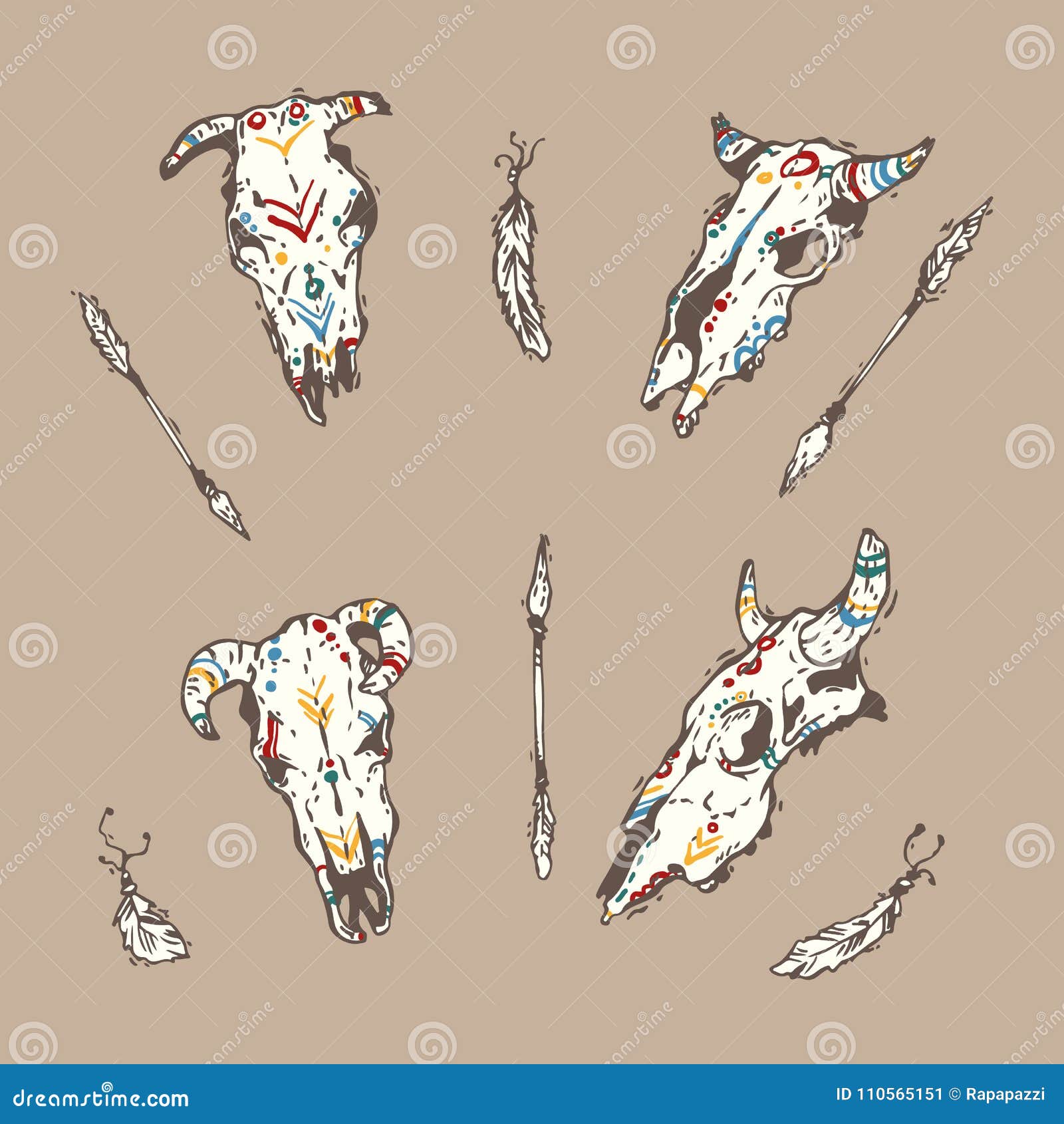 Cow Sculls with Arrows and Feathers Stock Vector - Illustration of ...