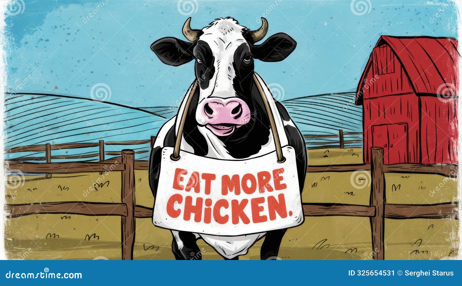 A Cow with a Sign that Reads Eat More Chicken in Front of a Barn, AI ...