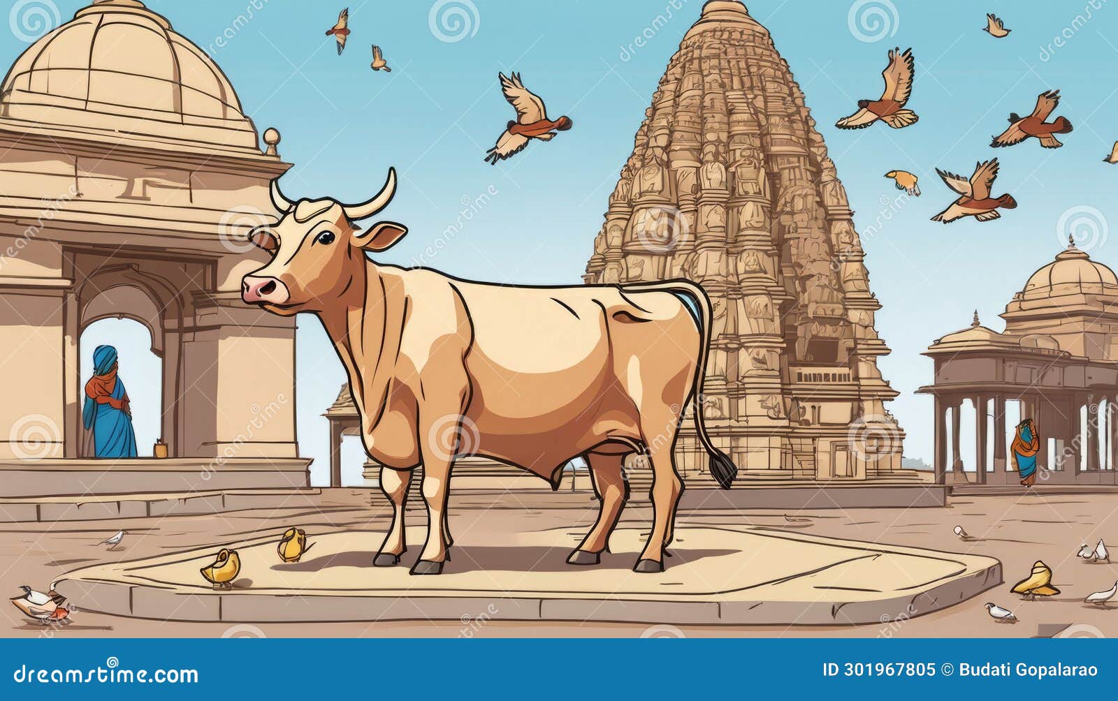 A Cow Standing in Front of a Temple with Birds Flying Around Stock ...