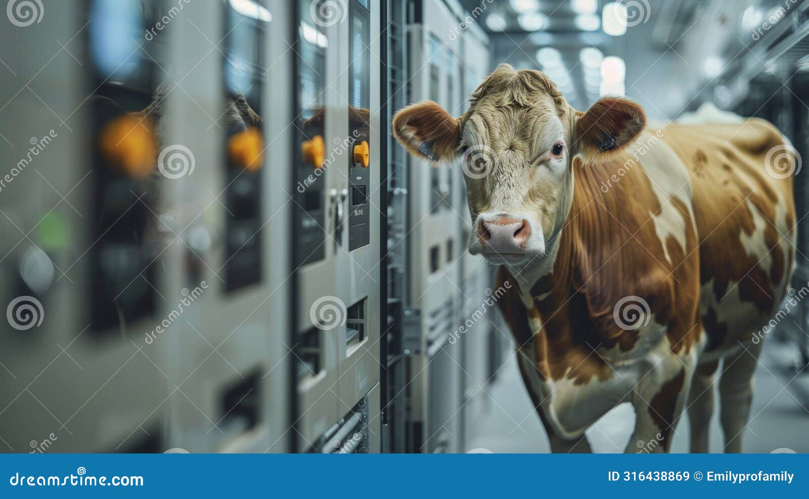 Curious Cow Exploring a Data Center Hallway Stock Illustration ...