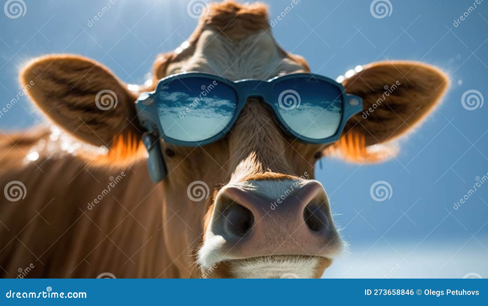 A Cow with Sunglasses on Its Head Looking at the Camera Stock ...