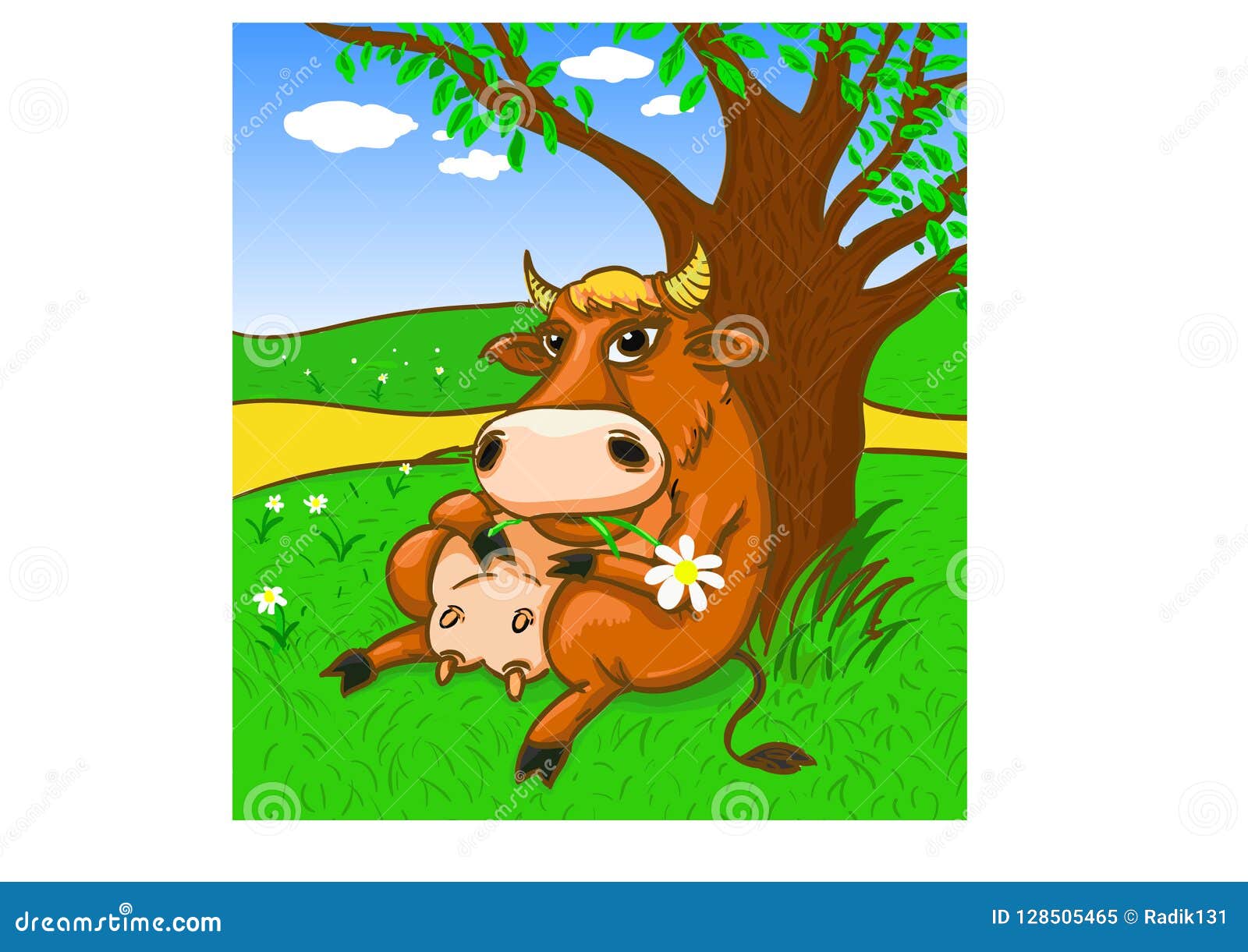 Cow by the tree stock vector. Illustration of horned - 128505465