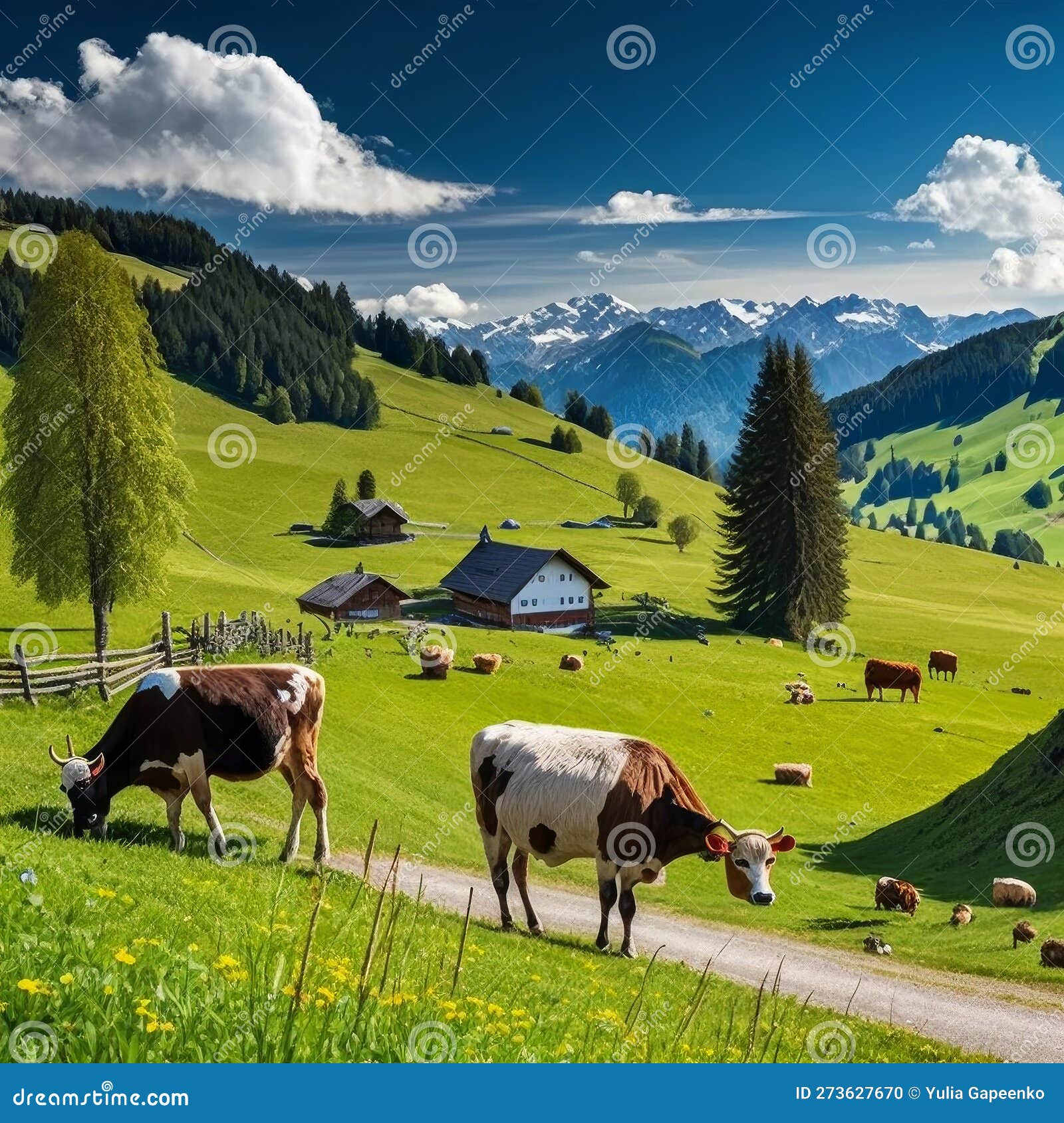 The Cow Walks in the Summer Green Meadow. Illustration AI Generative ...