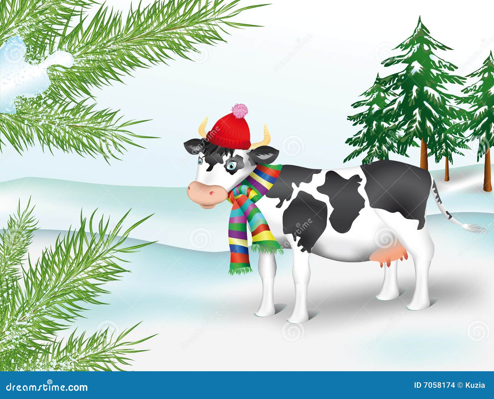 Cow in Winter Coniferous Wood Stock Vector - Illustration of spotted ...