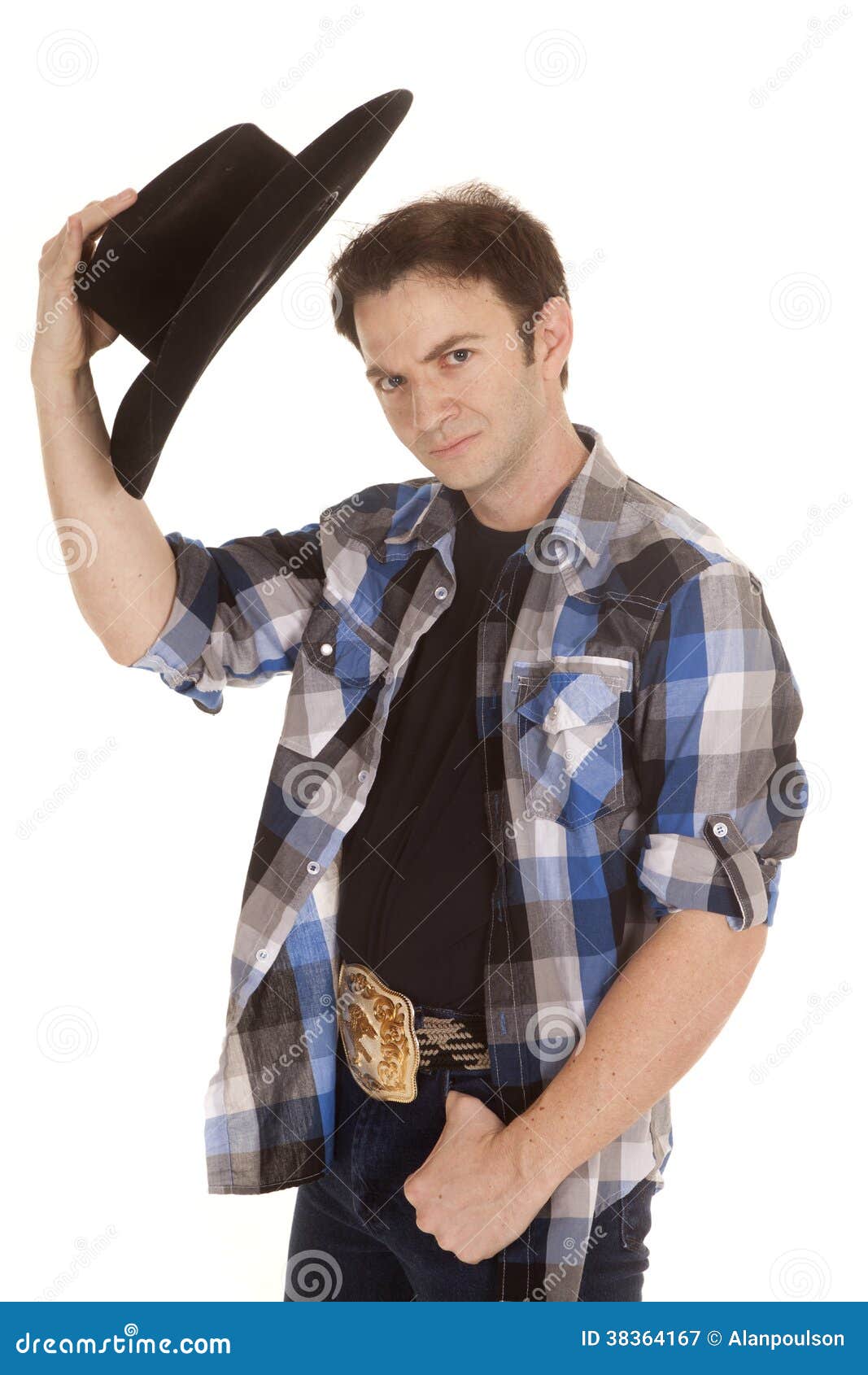 Cowboy with Black Hat in Hand by Head Stock Image - Image of head, back ...