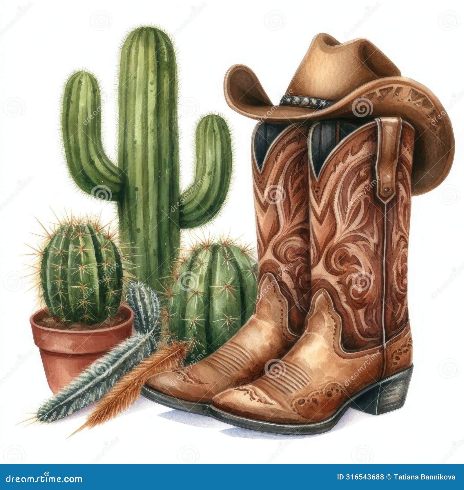 Cowboy Boots, Cactus and Hat. Watercolor Illustration Stock ...