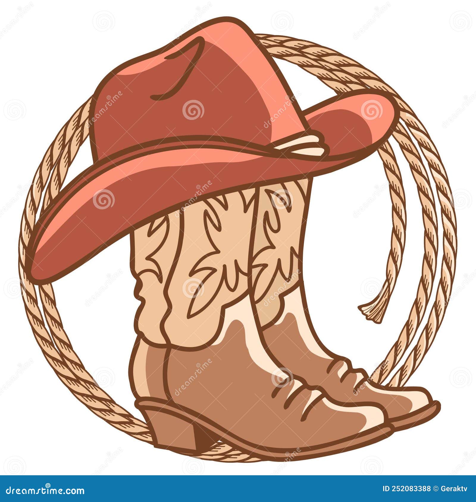 Cowboy Boots and Cowboy Hat with Rodeo Lasso Isolated on White. Vector ...