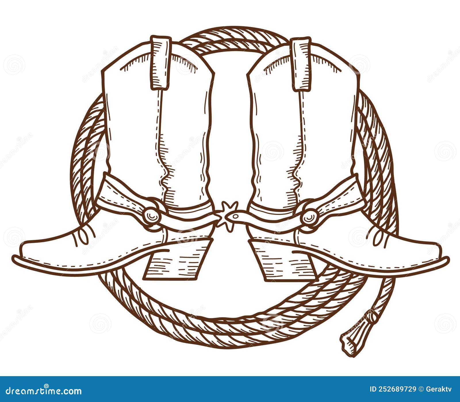 Cowboy Boots and Lasso. Vector Brown Hand Drawn Illustration with ...