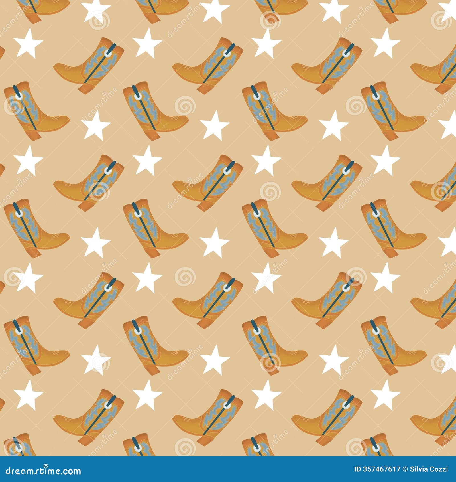 Cowboy Boots Pattern with Beige Background and White Stars. Stock ...