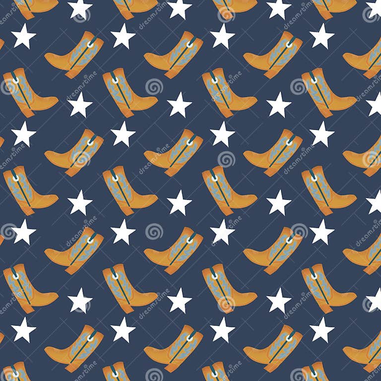 Cowboy Boots Pattern with Dark Blue Background and White Stars. Stock ...