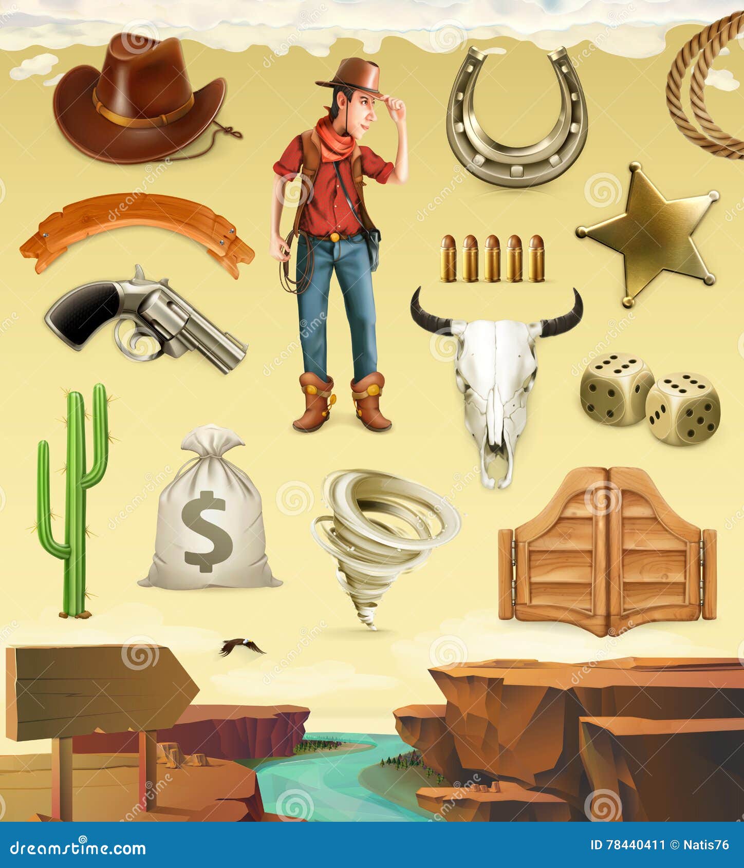 Cowboy Cartoon Character and Objects. 3d Vector Icon Set Stock Vector ...