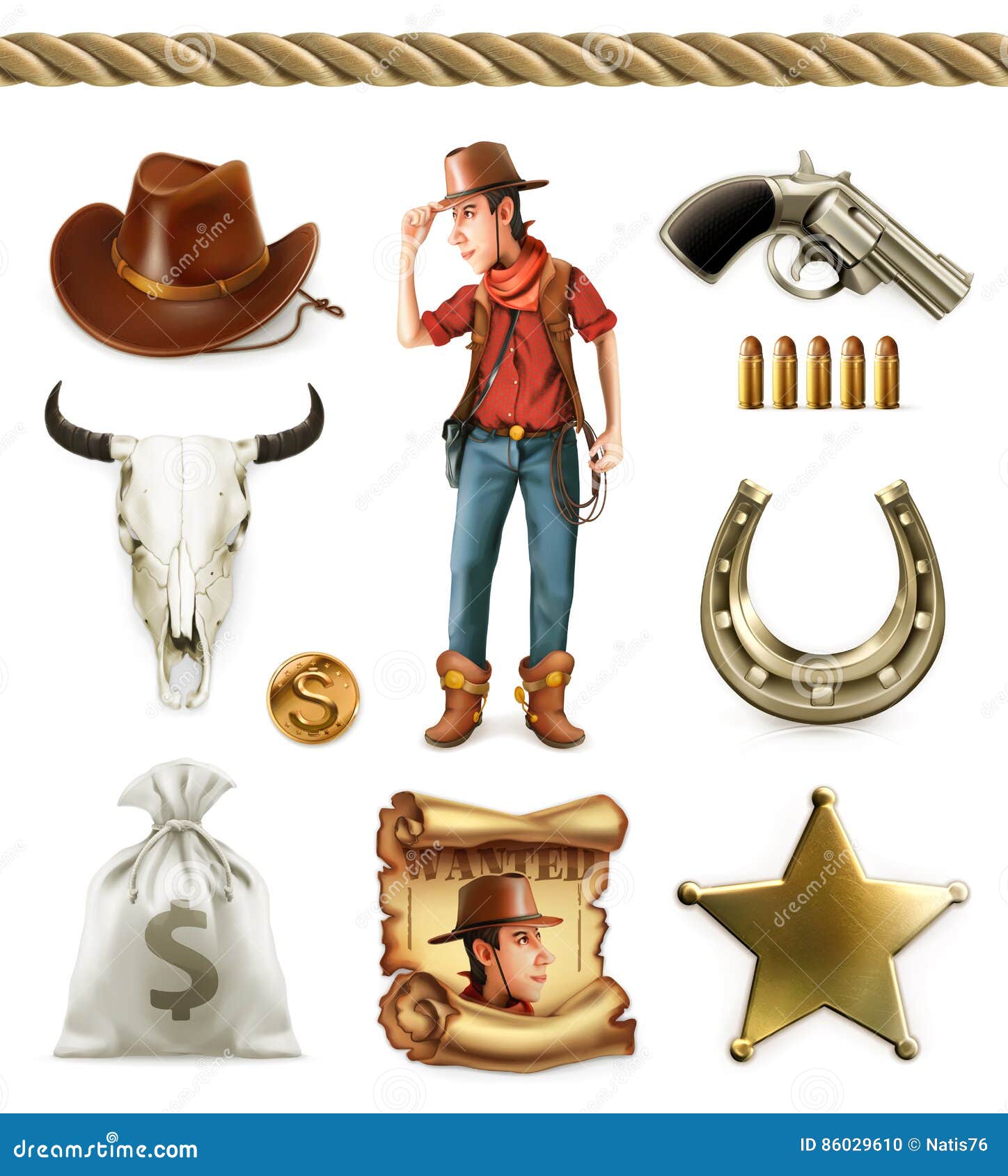 Cowboy Cartoon Character And Objects. Western Adventure. Vector Icon ...