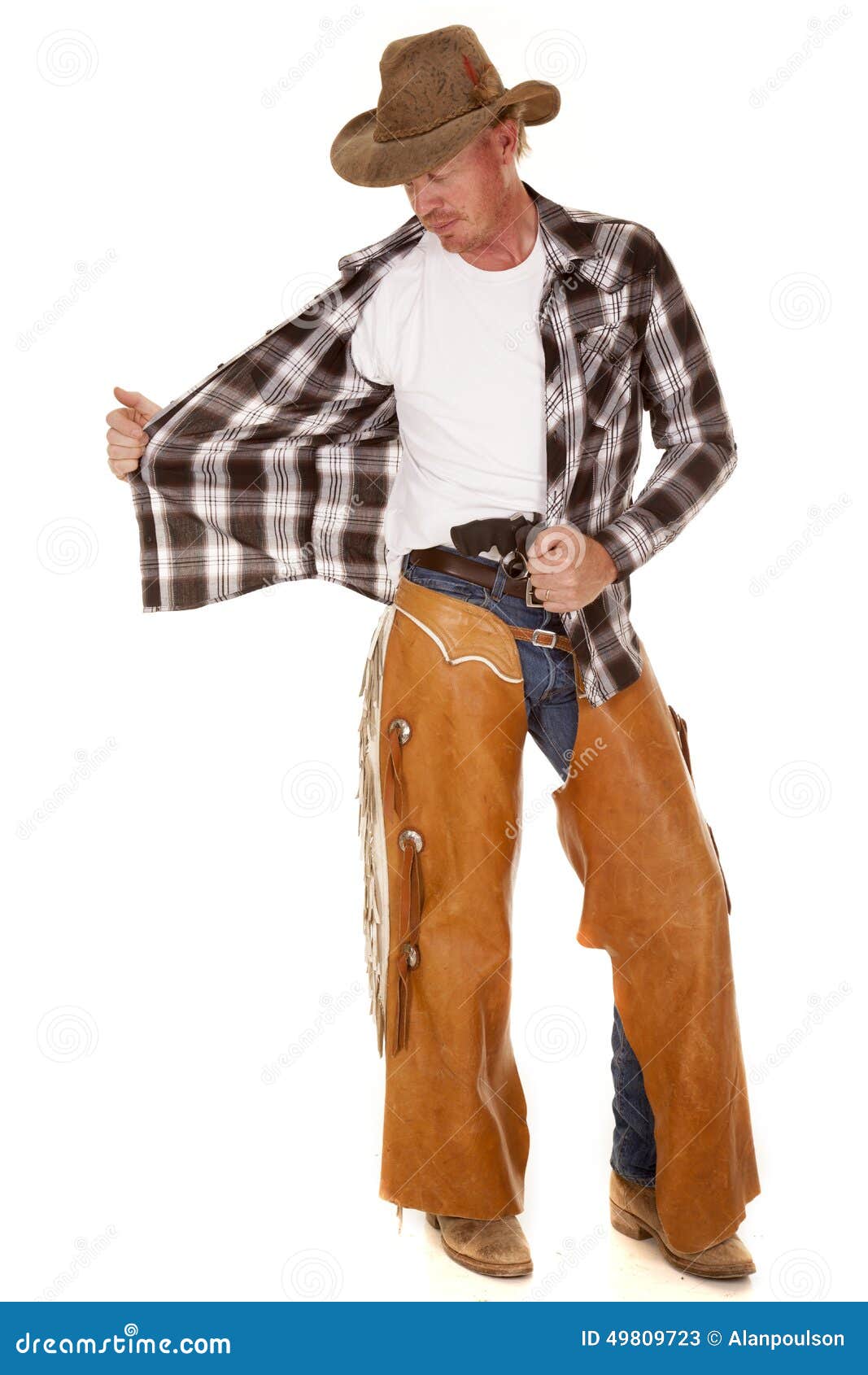 Cowboy in Chaps Holding Shirt Open Stock Image - Image of looking ...