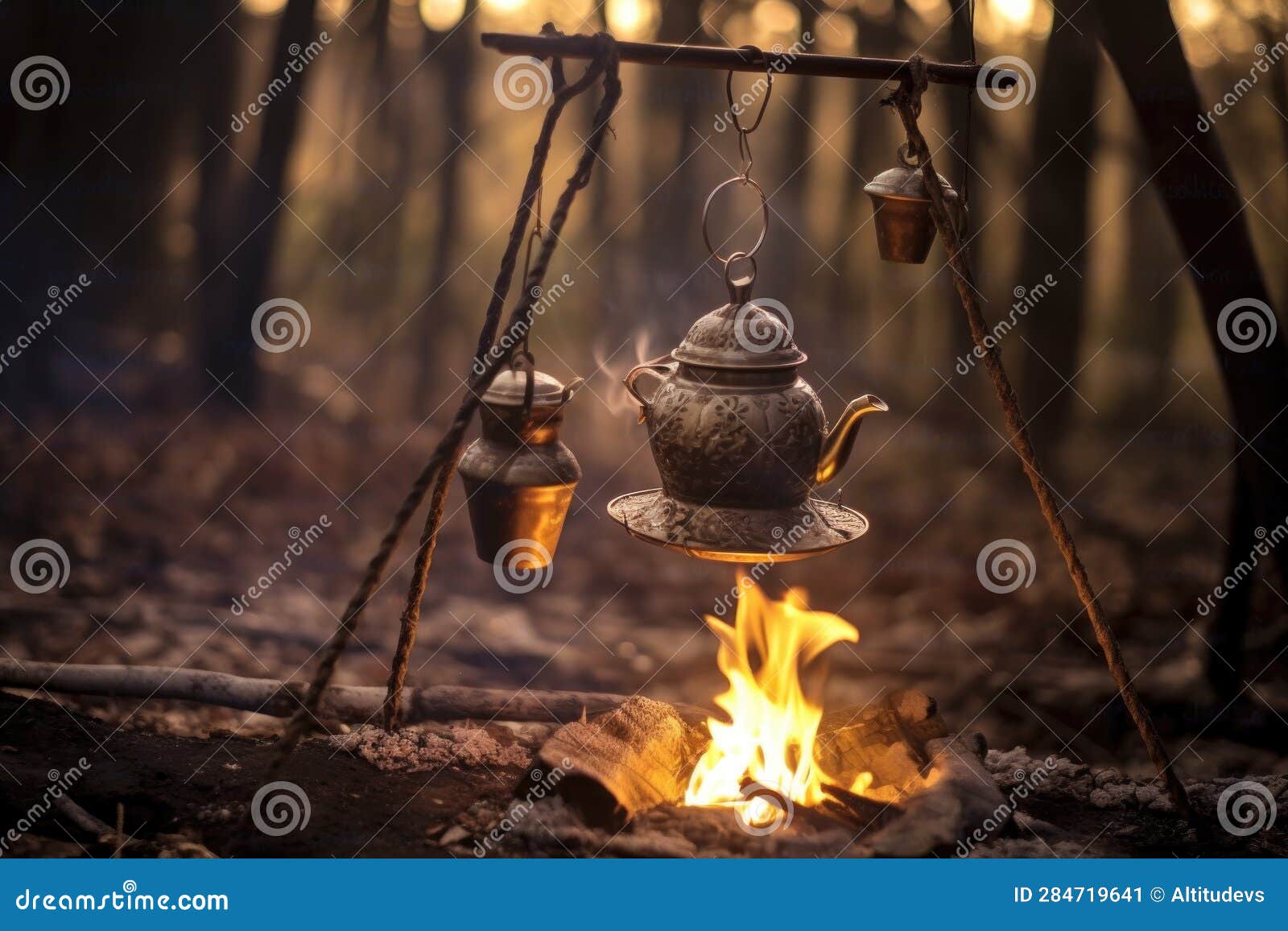 Cowboy Coffee Pot Hanging from Tripod Over Fire Stock Illustration ...