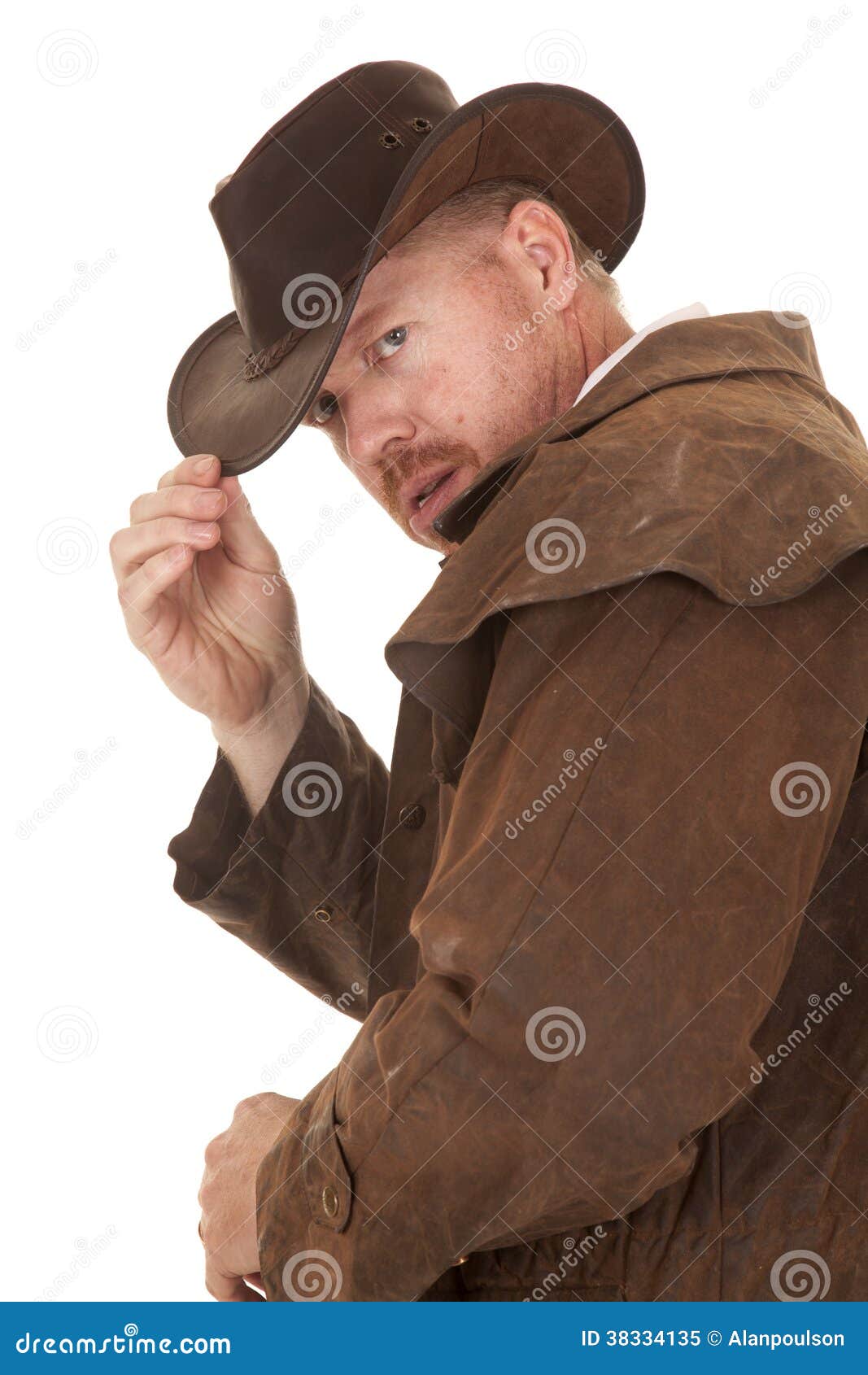 Cowboy Duster Look Back Touch Hat Close Stock Image - Image of aged ...
