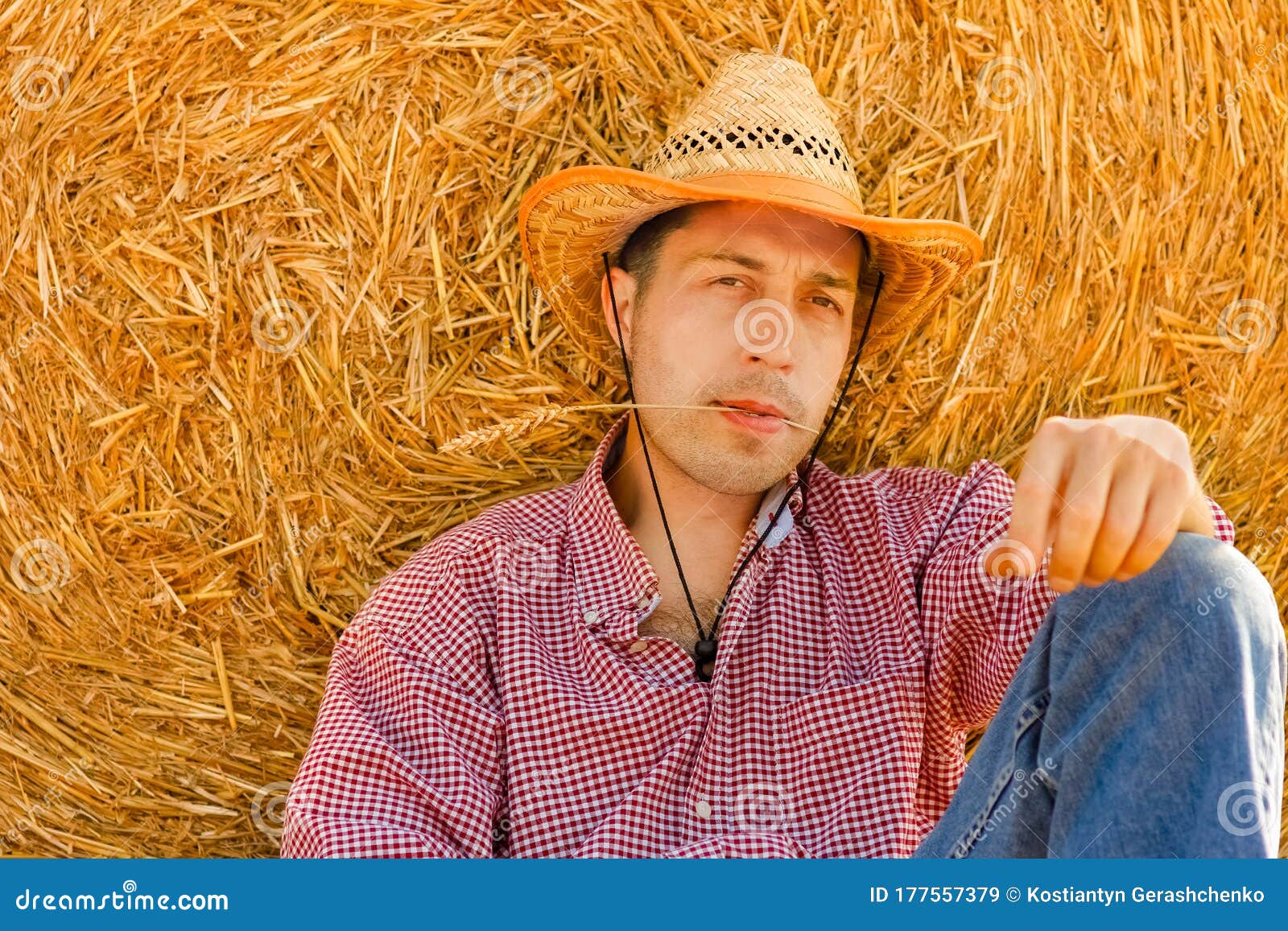 Cowboy on a Field Near a Haystack. Bales on the Field with a Happy Man ...