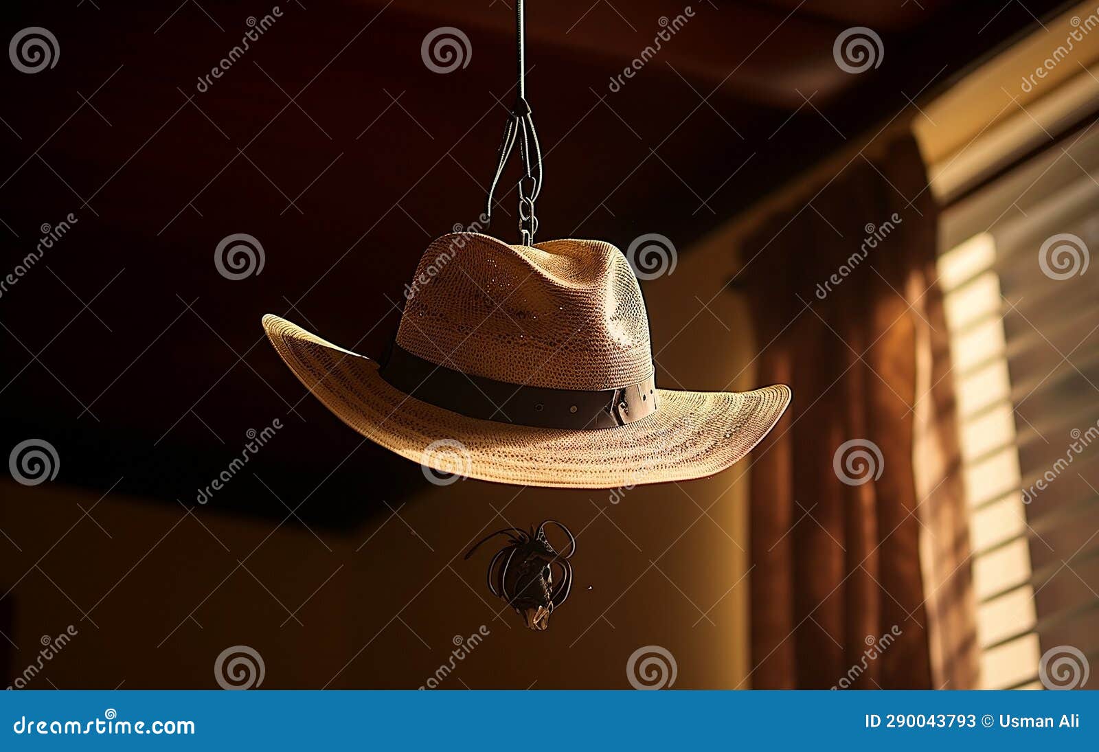 Cowboy Hat Hanging from Ceiling Fan with Rope. AI Stock Image - Image ...