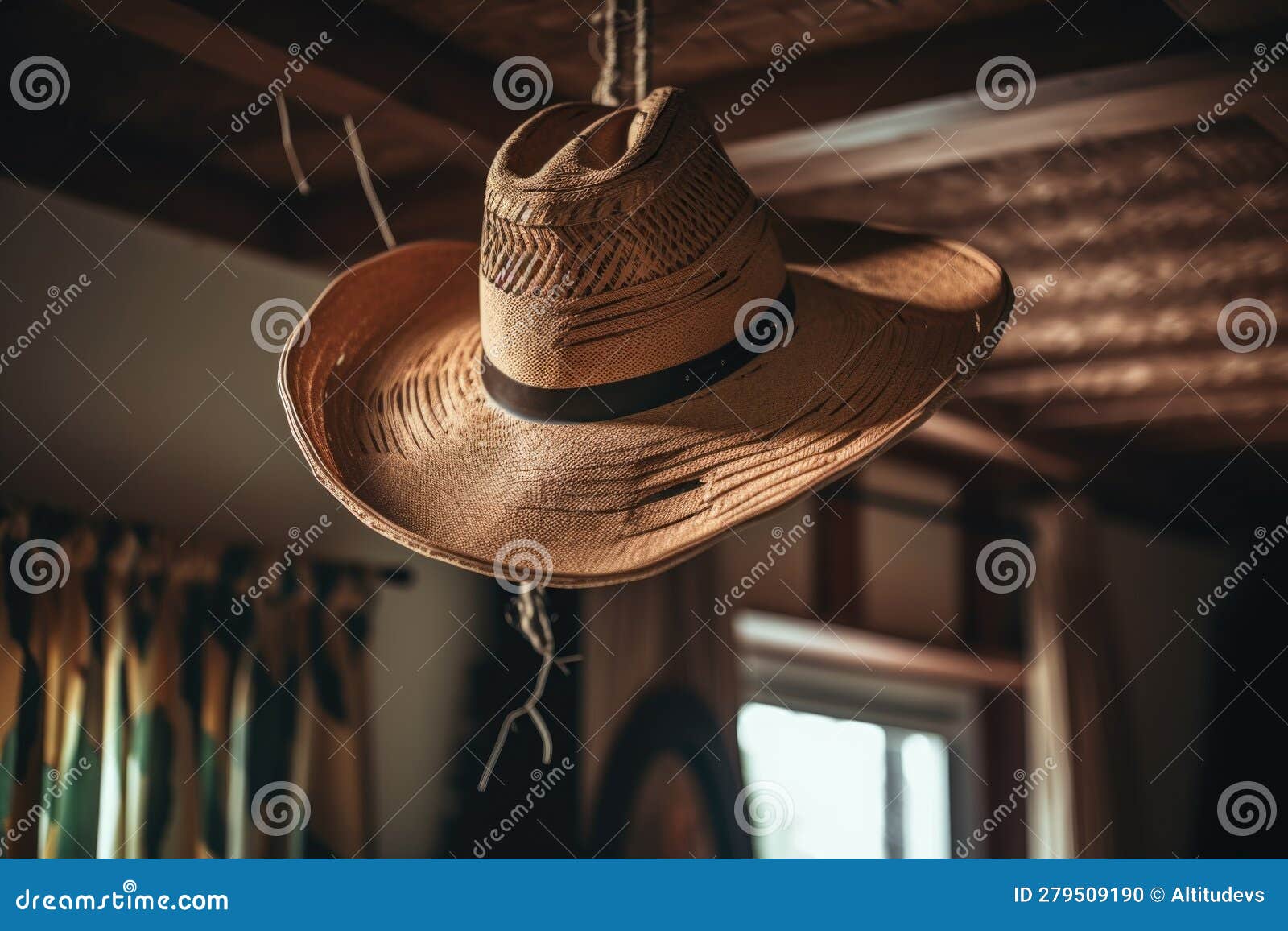 Cowboy Hat Hanging from Ceiling Fan with Rope Stock Illustration ...