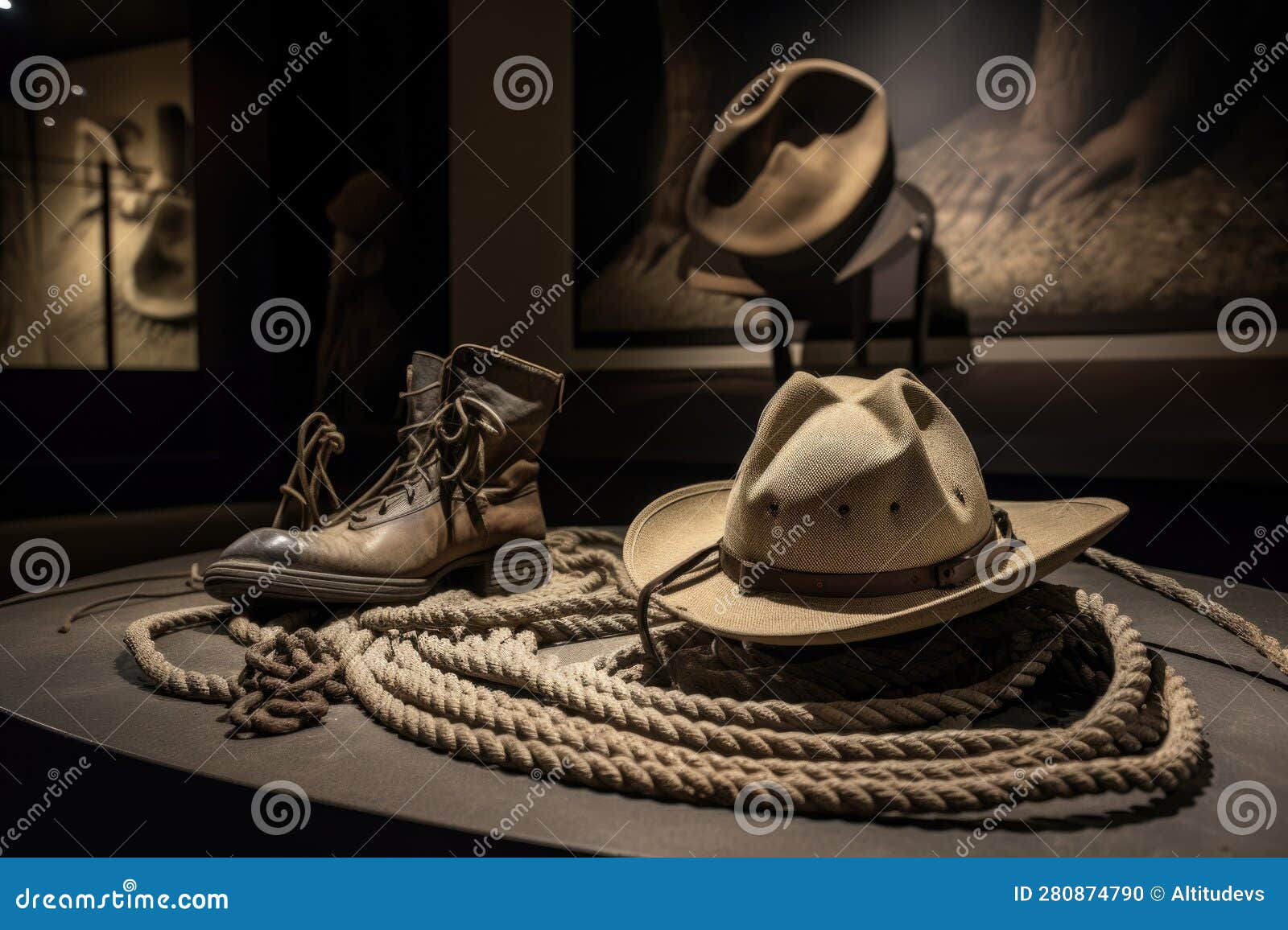A Cowboy Hat, Rope and Boots Displayed in a Museum Exhibit Stock Photo ...