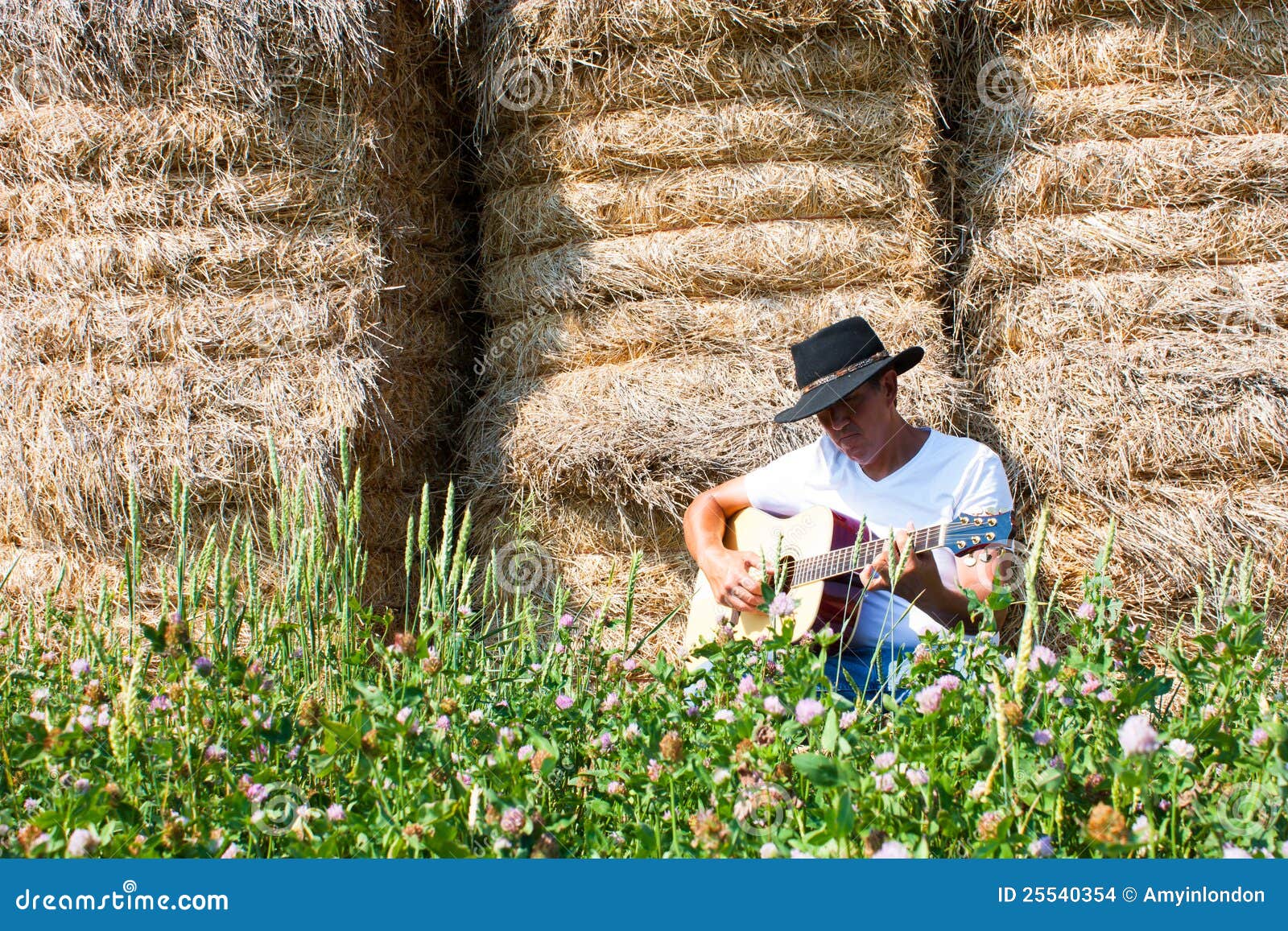 Cowboy by Haystack Plays Guitar Horizontal Stock Photo - Image of farm ...